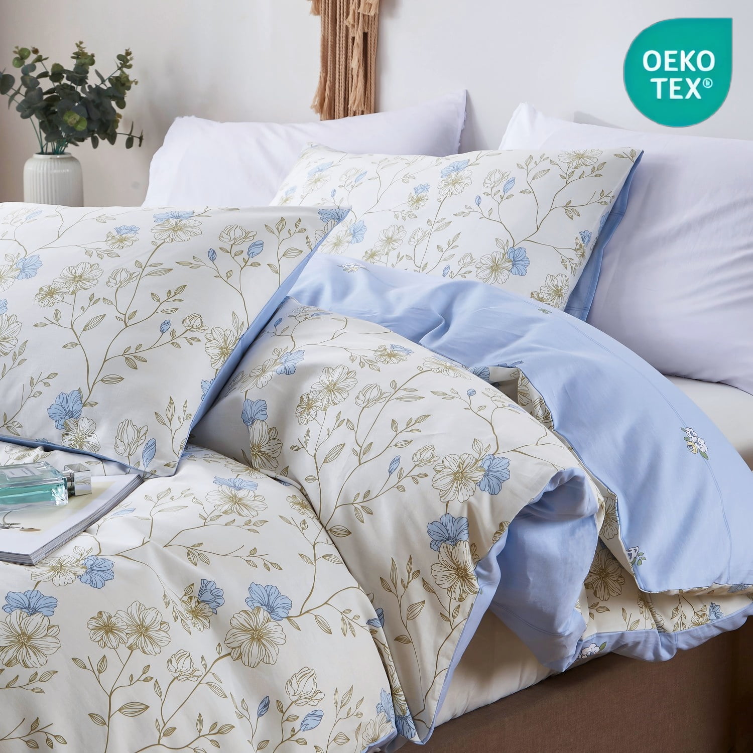 Jolusere Cotton Comforter Sets Queen Size, 3 Pieces Botanical Blue ...