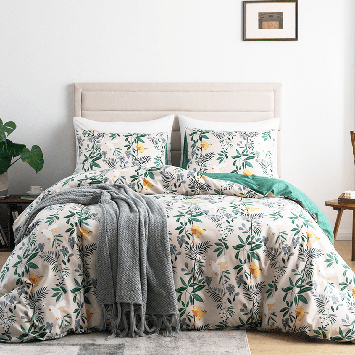 Jolusere Botanical Floral King Comforter Sets, 3 Pieces Beige Green ...