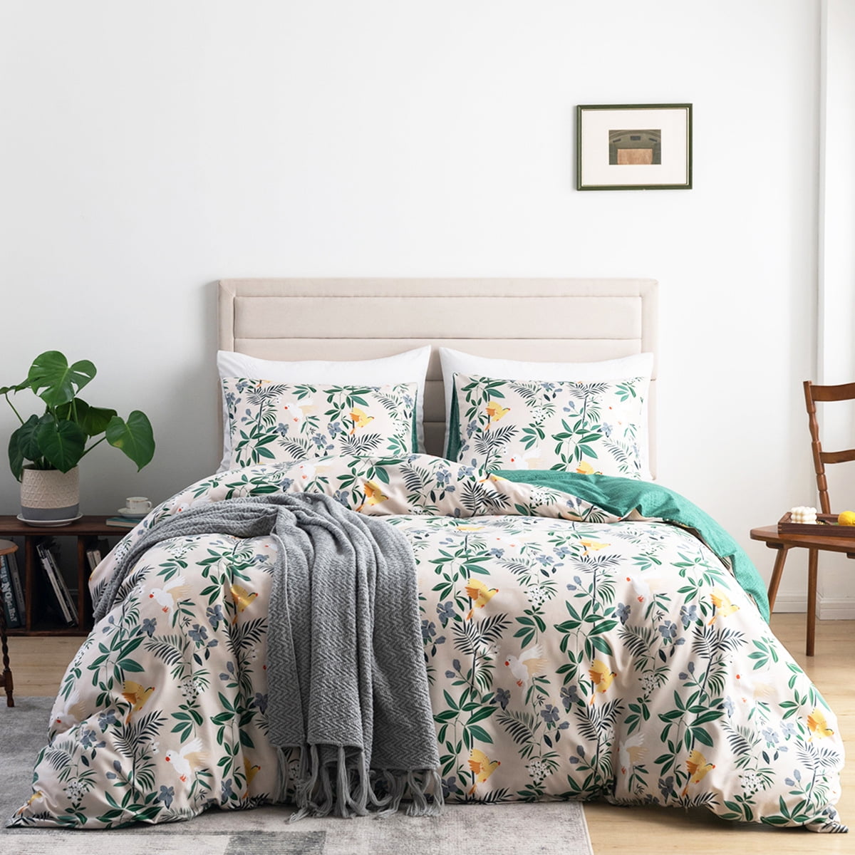 Jolusere Botanical Floral Queen Comforter Sets, 3 Pieces Beige Green ...