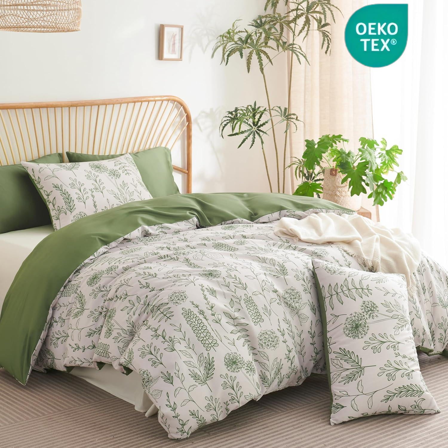 Jolusere Rich Green Leaves King Comforter Sets, 3 Pieces Chic Garden ...