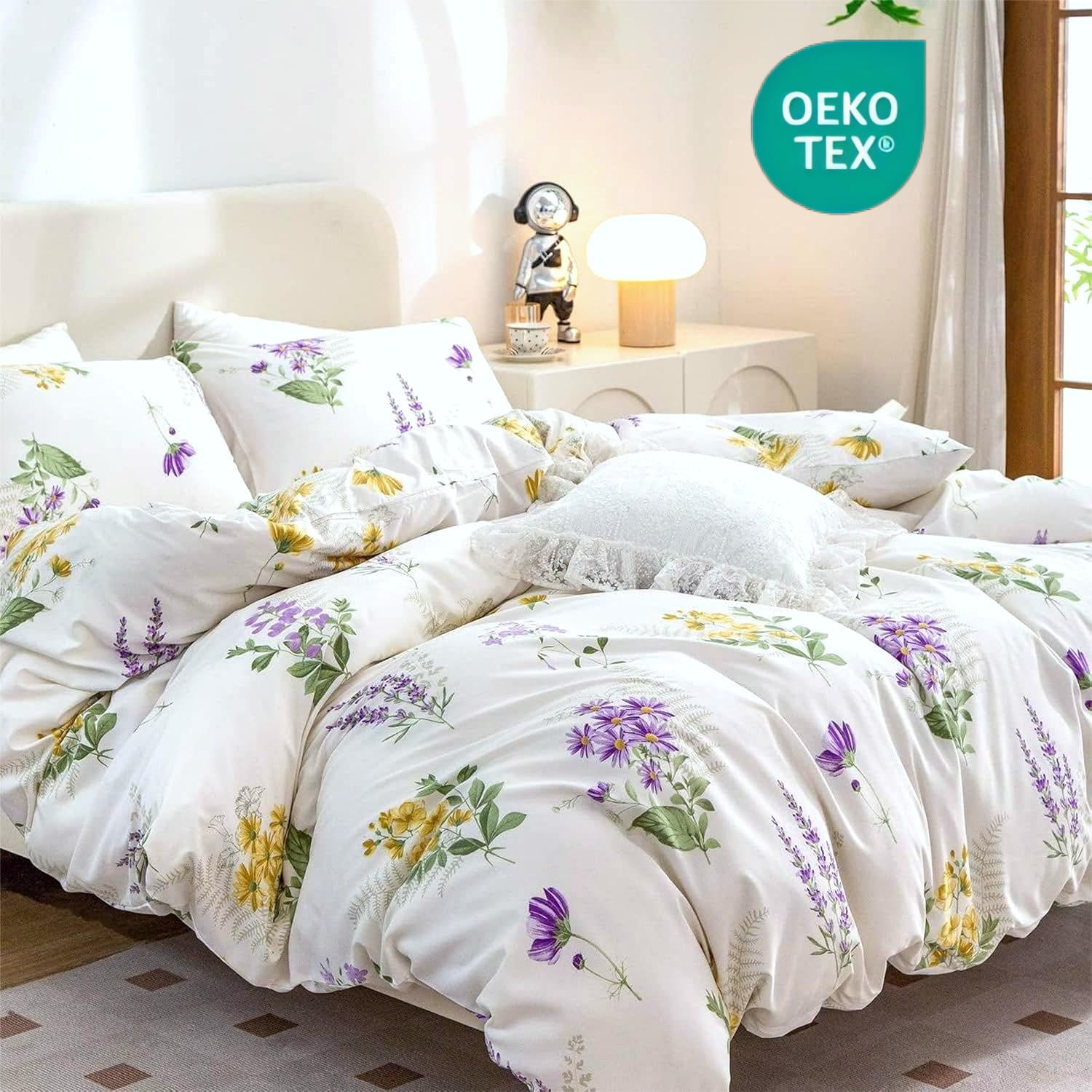 Jolusere White Purple Floral King Comforter Sets, 3 Pieces Chic Garden ...