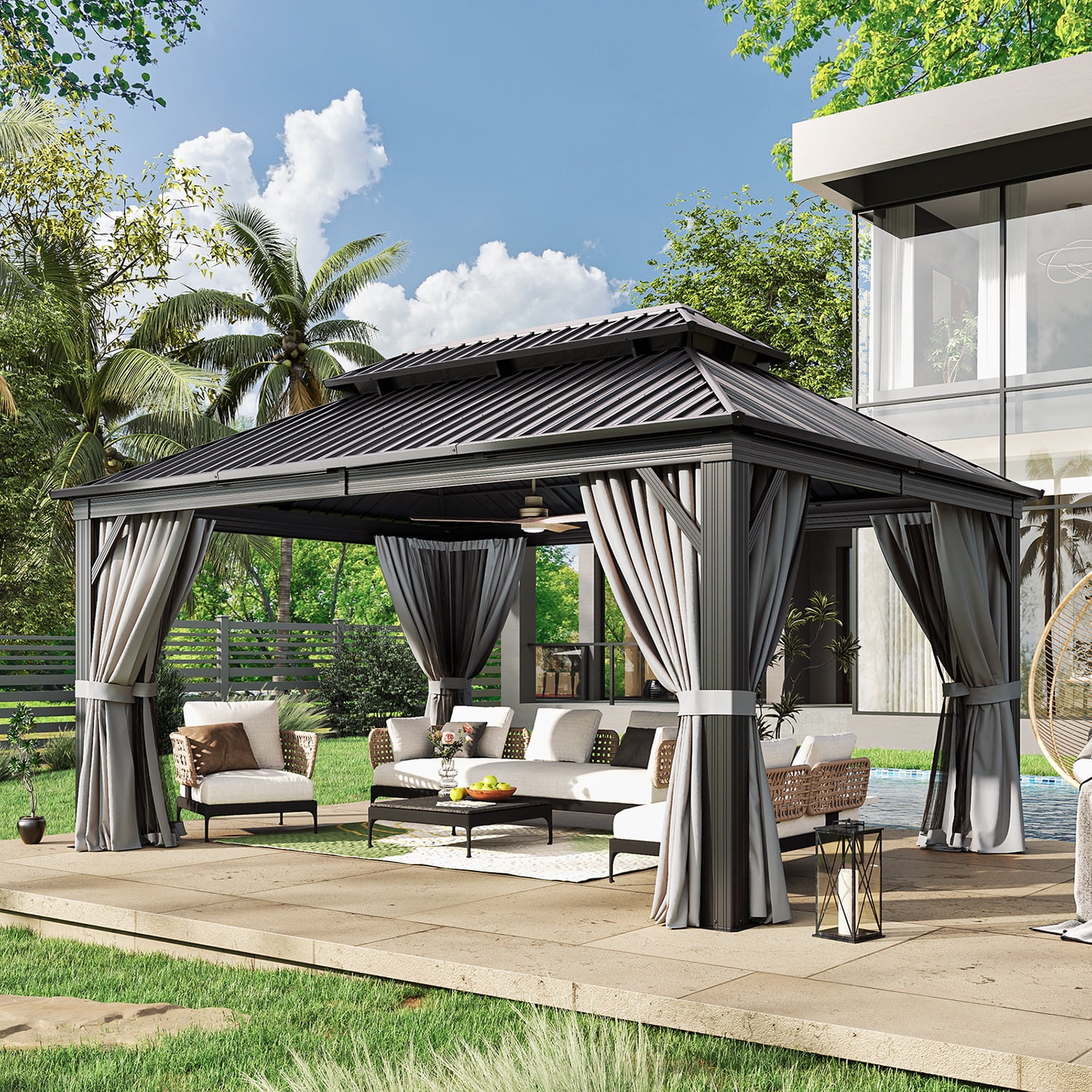 JolyDale 12' x 16' Outdoor Hardtop Gazebo, 2-Tier Galvanized Steel Roof ...