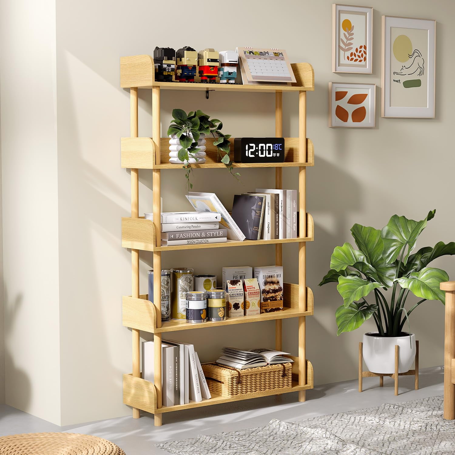 JolyDale 5-Tier Wooden Open Bookshelf, Morden Display Shelf with Free ...