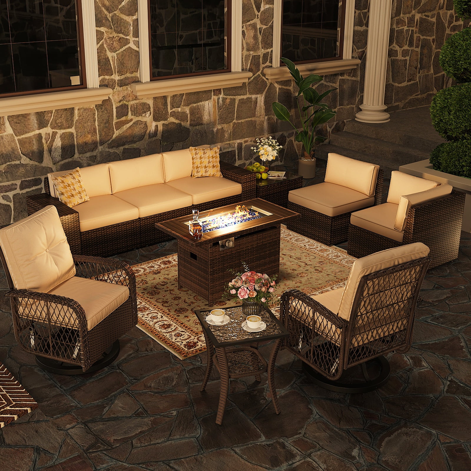 Jolydale 10pcs Outdoor Patio Furniture Sets with Fire Pit Table, PE ...