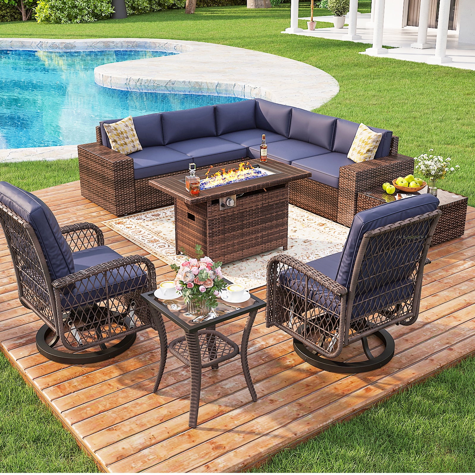 Jolydale 10pcs Outdoor Patio Furniture Sets with Fire Pit Table, PE ...
