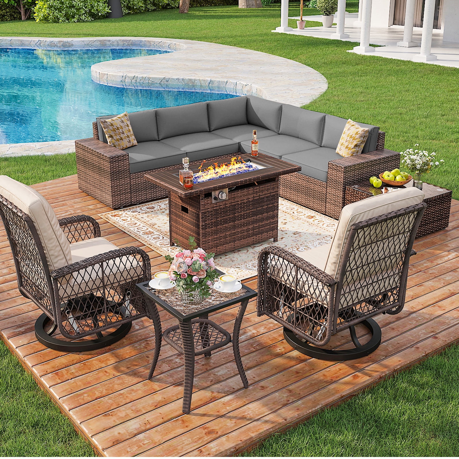 Jolydale 10pcs Outdoor Patio Furniture Sets with Fire Pit Table, PE ...