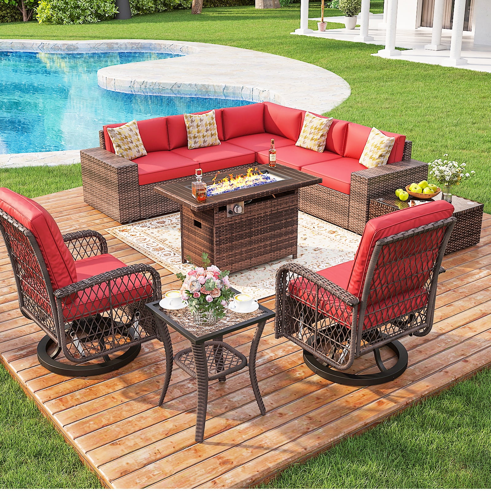 Jolydale 10pcs Outdoor Patio Furniture Sets with Fire Pit Table, PE ...