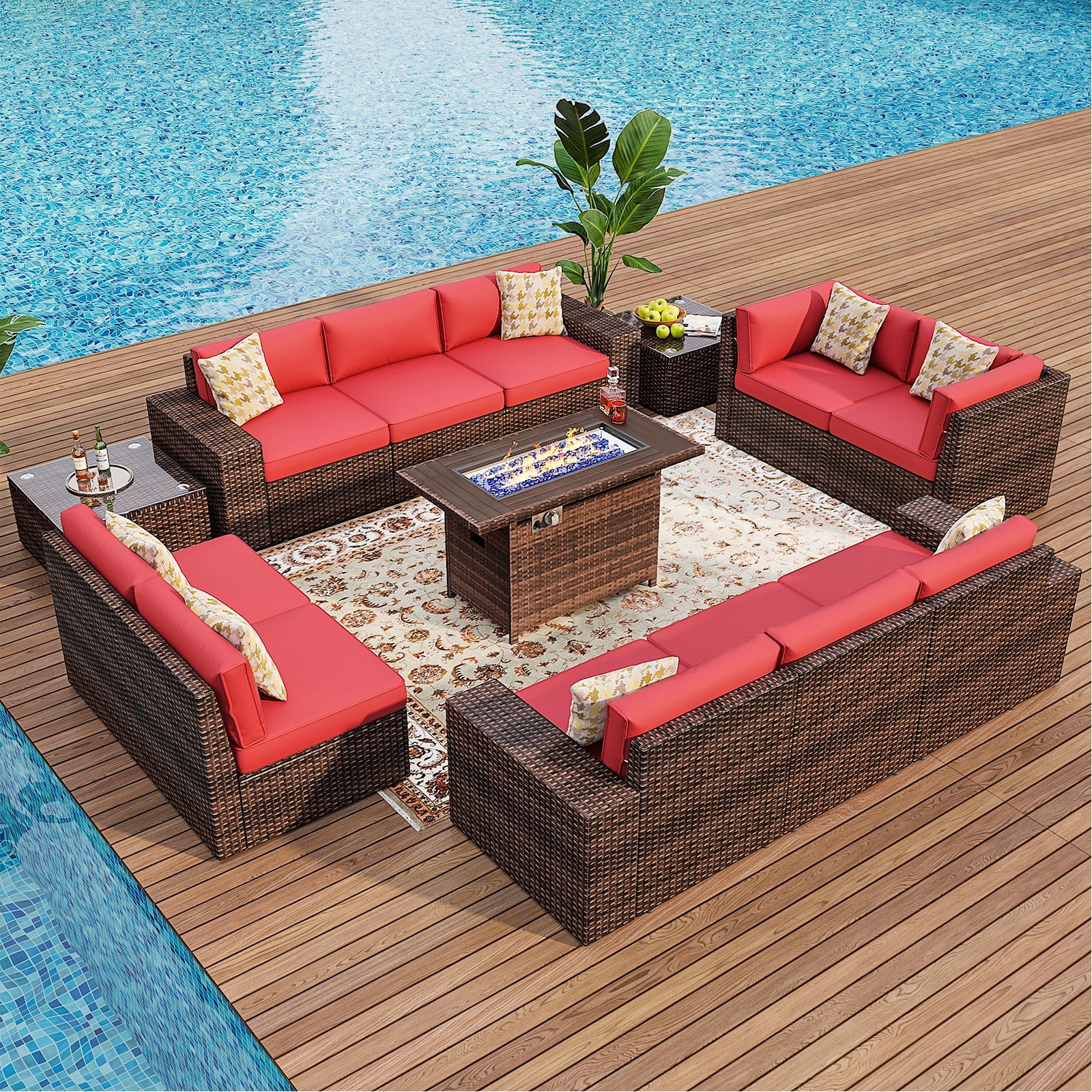 Jolydale 13pcs Outdoor Patio Furniture Sets with Fire Pit Table, PE ...