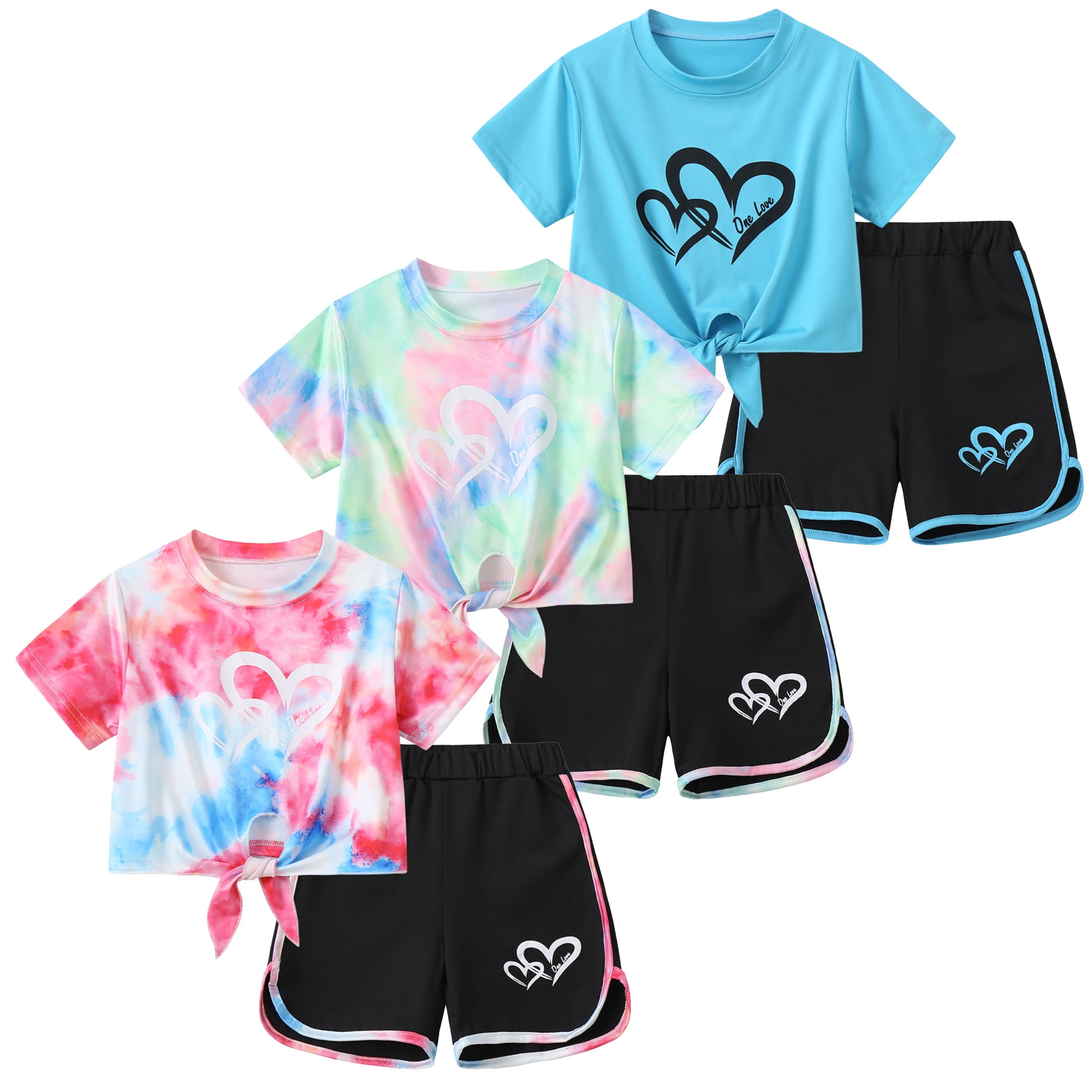 Jolyshlid Girls Summer Outfits 6 Piece Set Tie Dye Heart Print Short ...