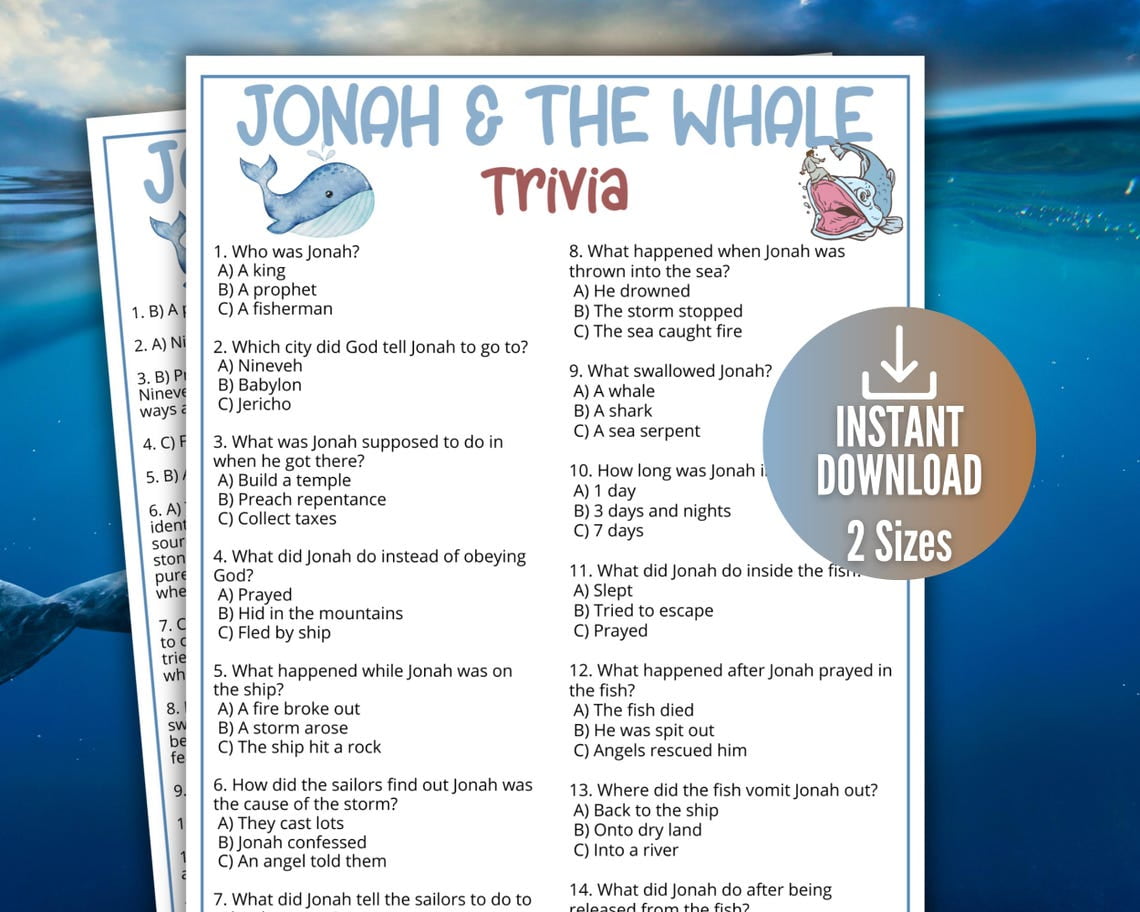 Jonah and the Whale Trivia Game, Sunday School Bible Activity, Church ...