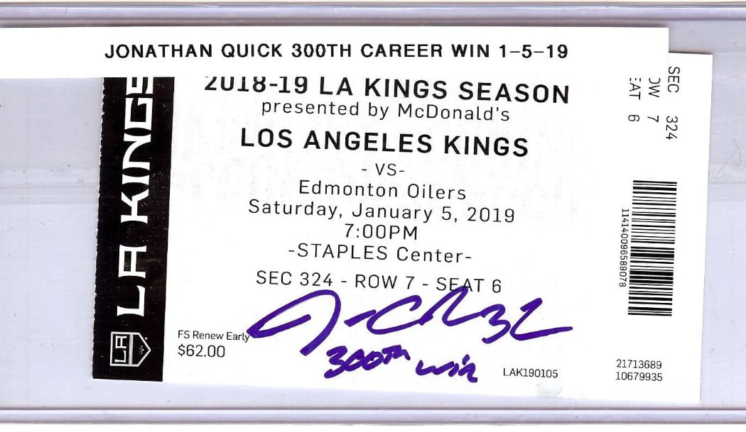 Jonathan Quick Signed Autographed Ticket Stub Kings "300th Win" JSA ...