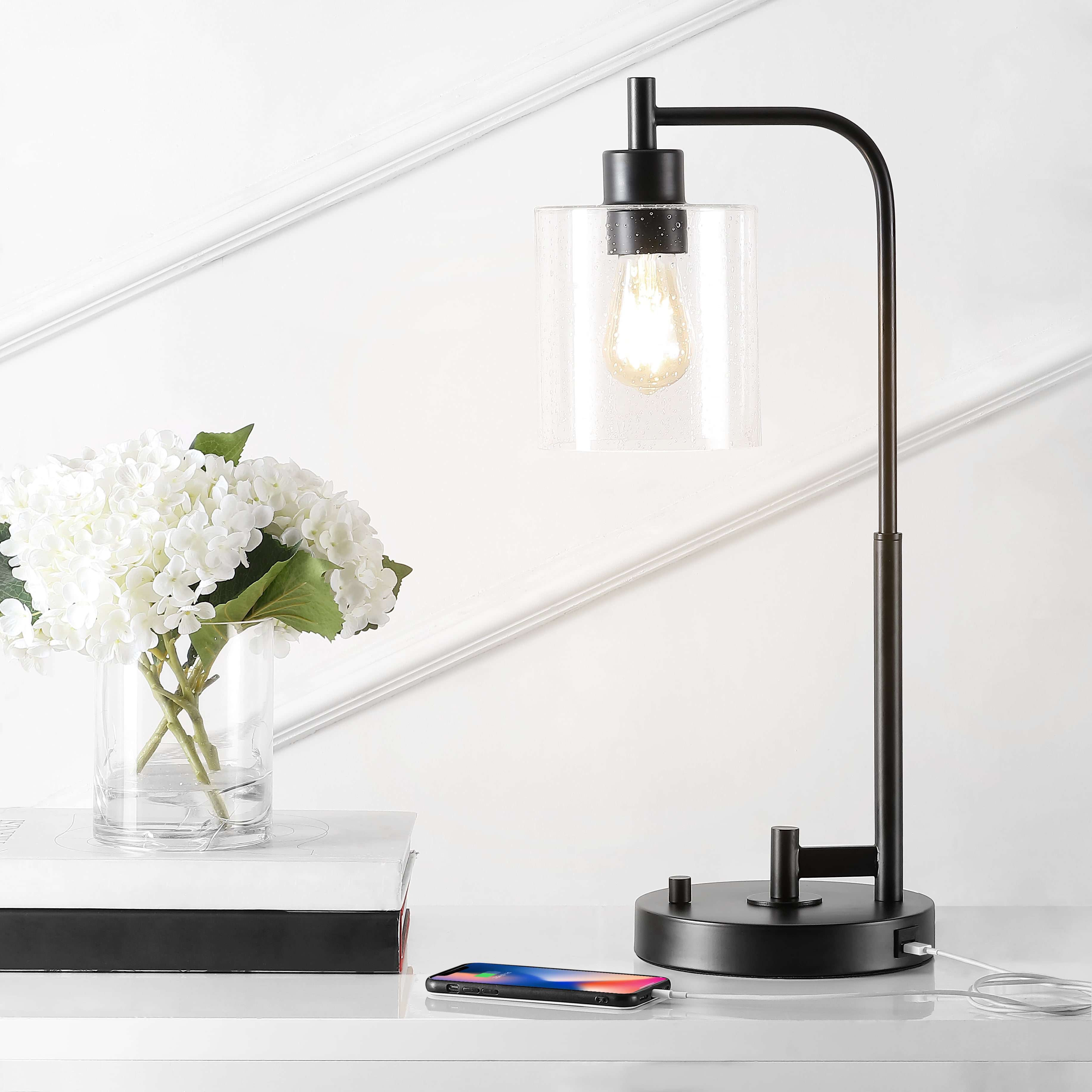 JONATHAN Y Axel Modern 23" Iron/Seeded Glass Farmhouse Industrial USB ...
