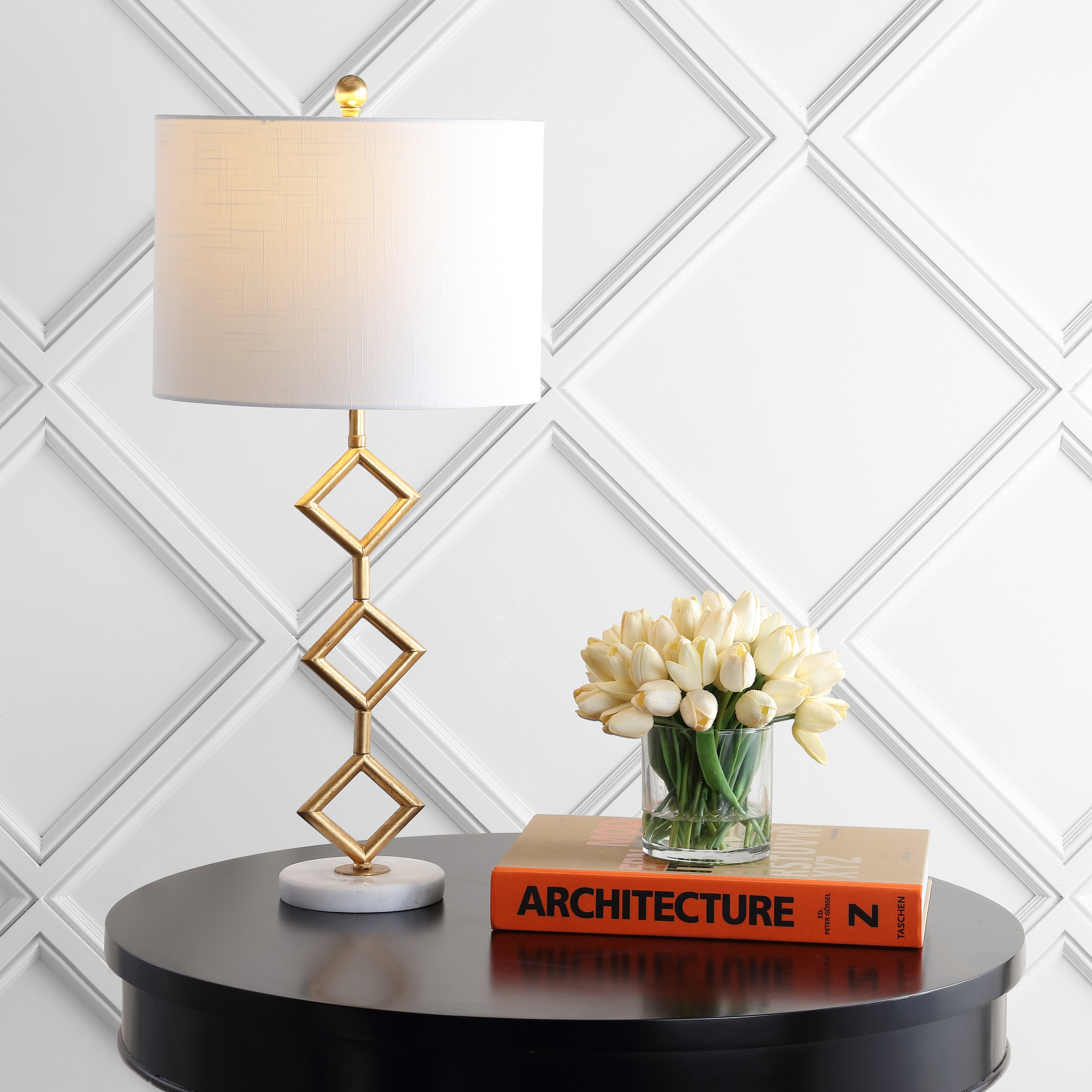 JONATHAN Y Diamante 29.5" Modern Gilt Metal with Marble Base LED Table ...