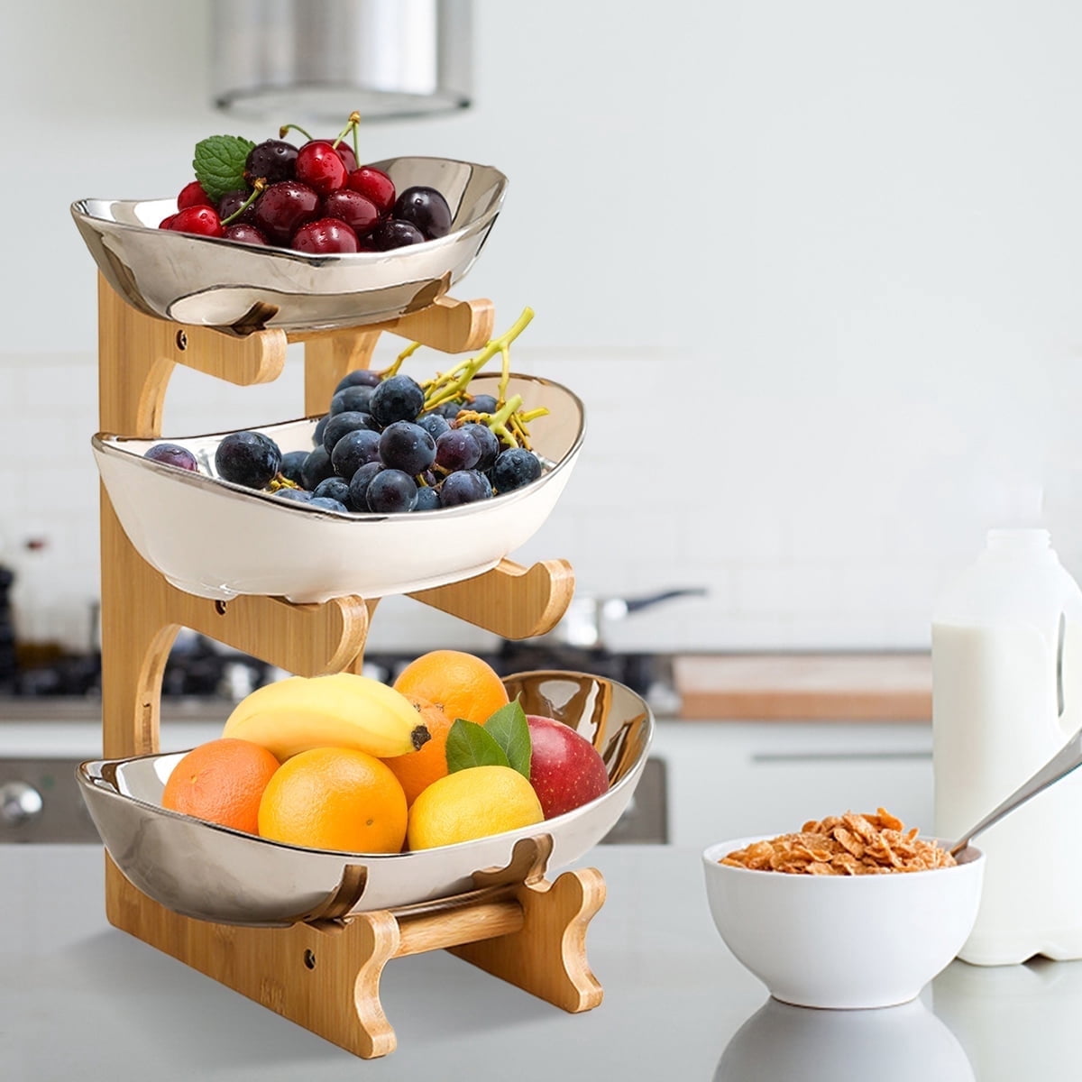 Fruit Bowl 3 Tier Ceramic Stand - White Kitchen Counter Organizer With ...