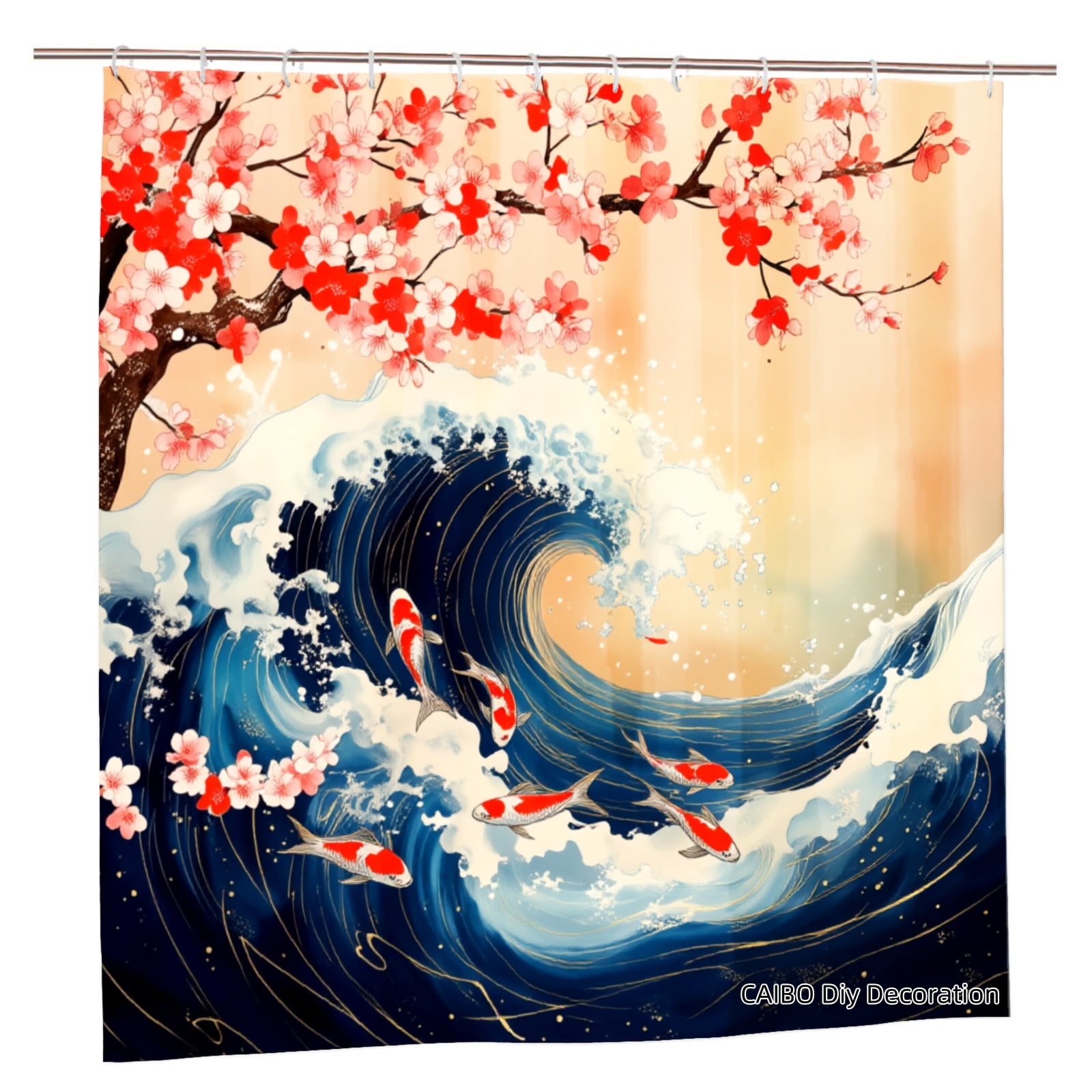 Joocen Polyester Shower Curtain Cherry Blossom Koi Fish Wave Design For ...