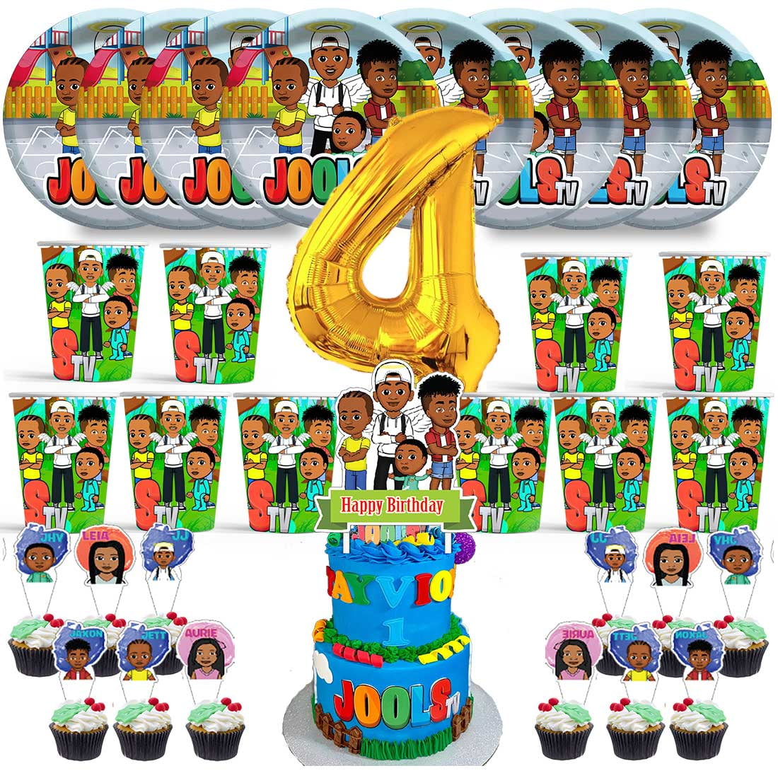 Jools TV Birthday 4th Cups Party Supplies Plates Fans Decorations Cake ...