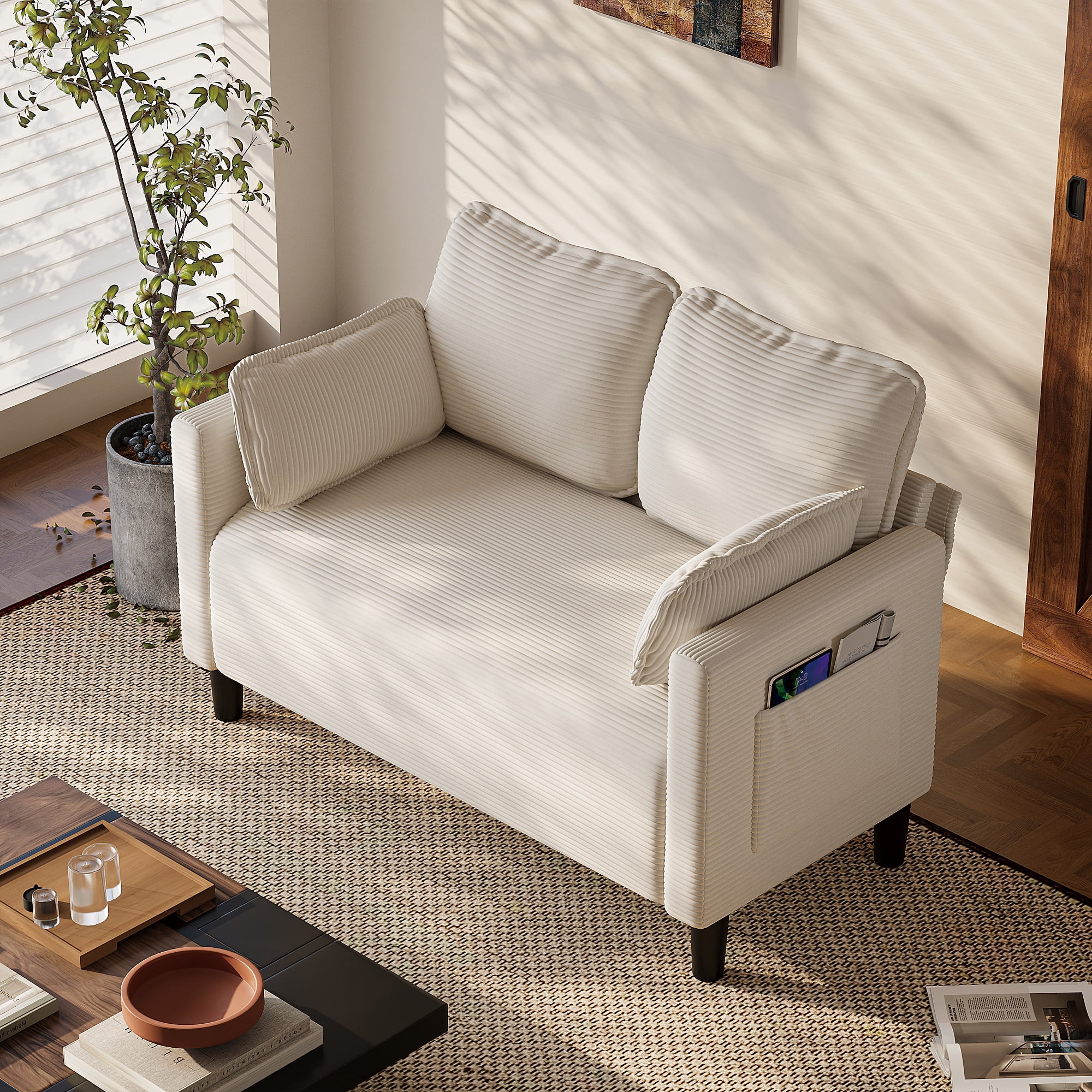 Jopat Corduroy Loveseat Couch,48" W Upholstered 2 Seater Sofa with Side ...