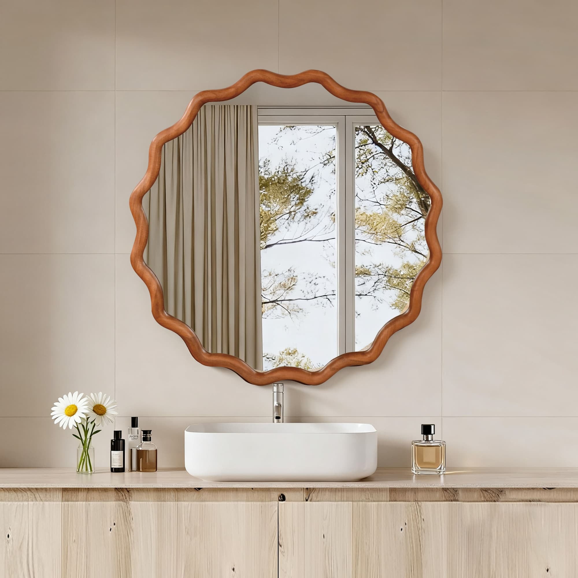 Jopath 30 Inch Wavy Round Solid Wood Frame Decorative Mirror, for ...