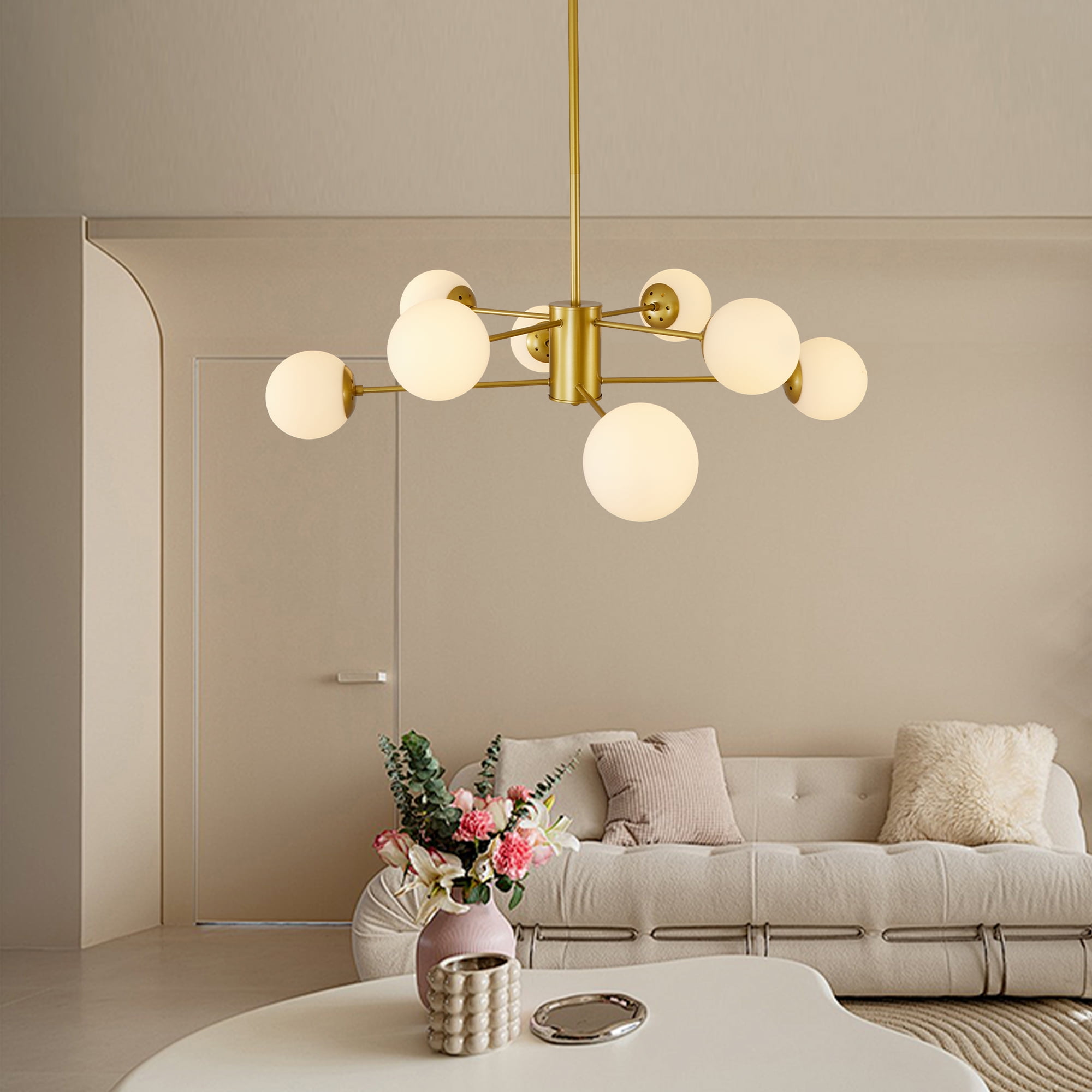 Jopath 35" Modern 8-Light Gold Chandelier with White Glass Globe Shades ...