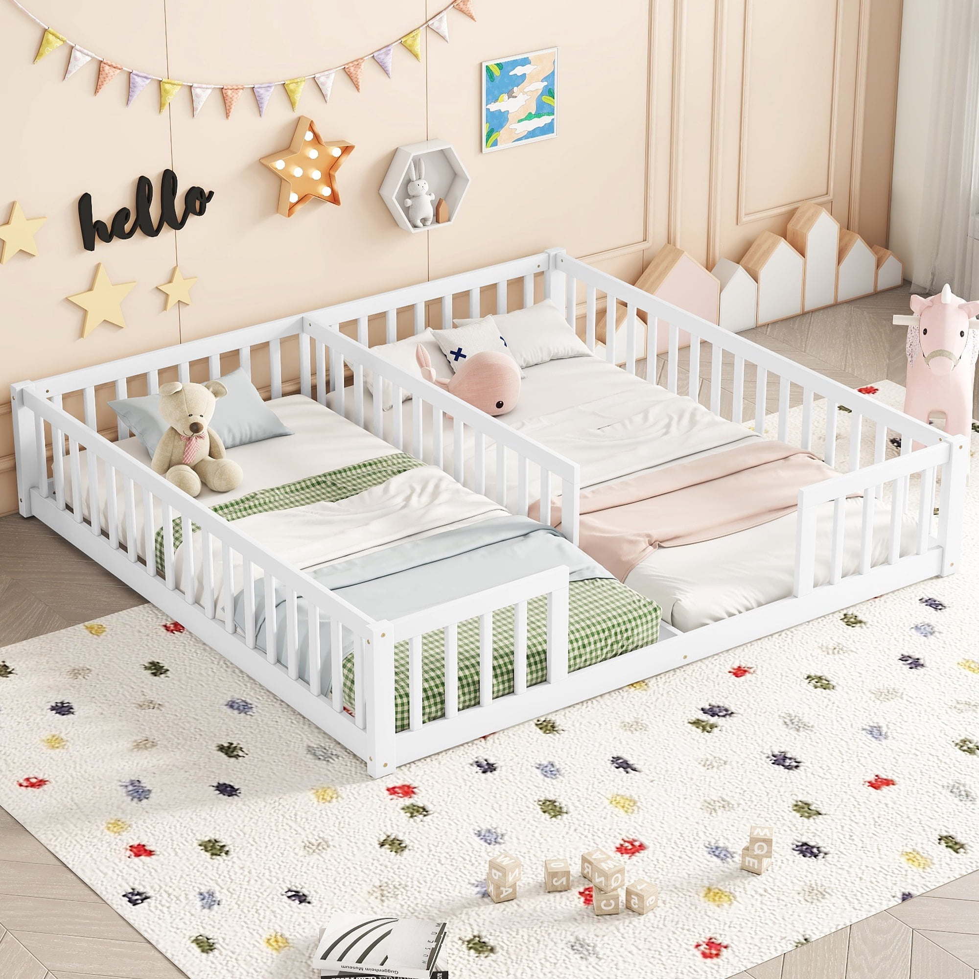 Jopath Double Twin Floor Bed with Fence and Guardrails Without Door for ...