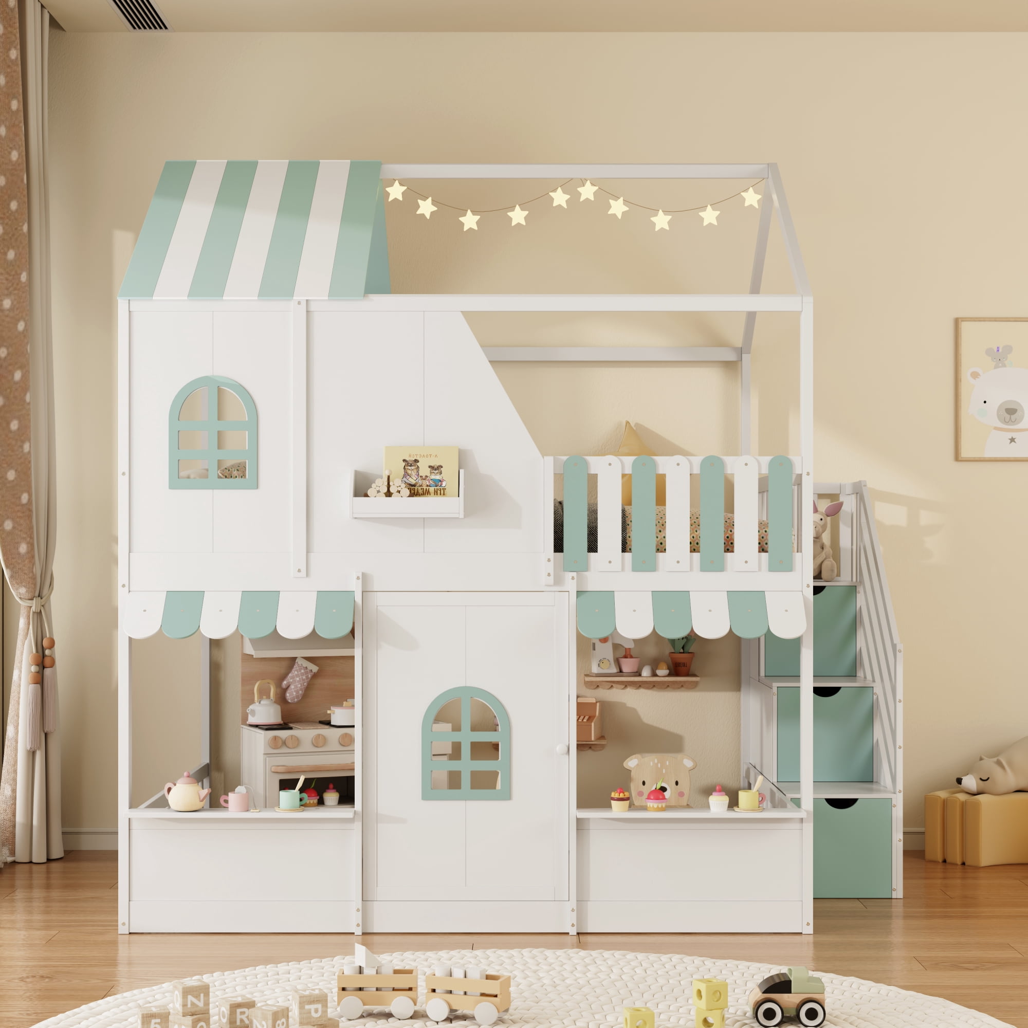 Jopath Full Over Full House Bunk Bed with Storage Staircase & Shelves ...