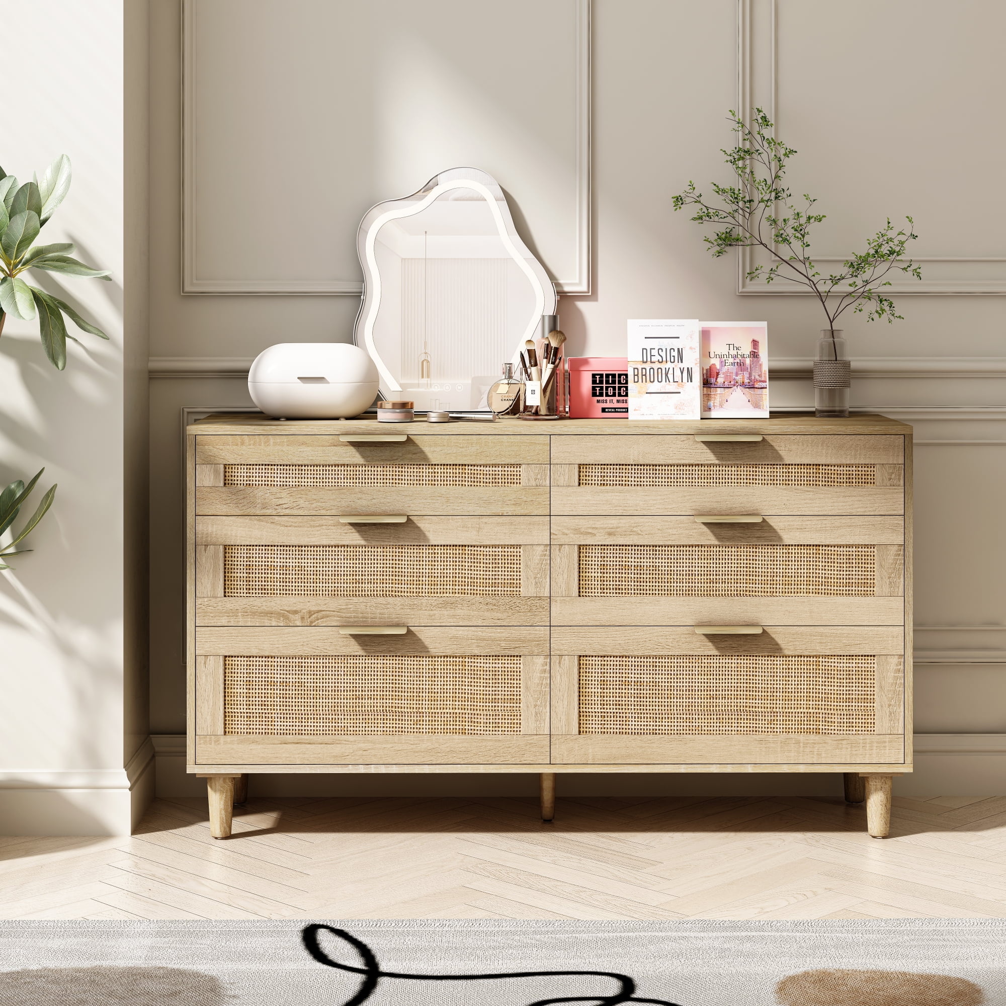 Jopath Large Wood Chset Of Drawers,51" Rattan Dresser With Drawers, 6 ...