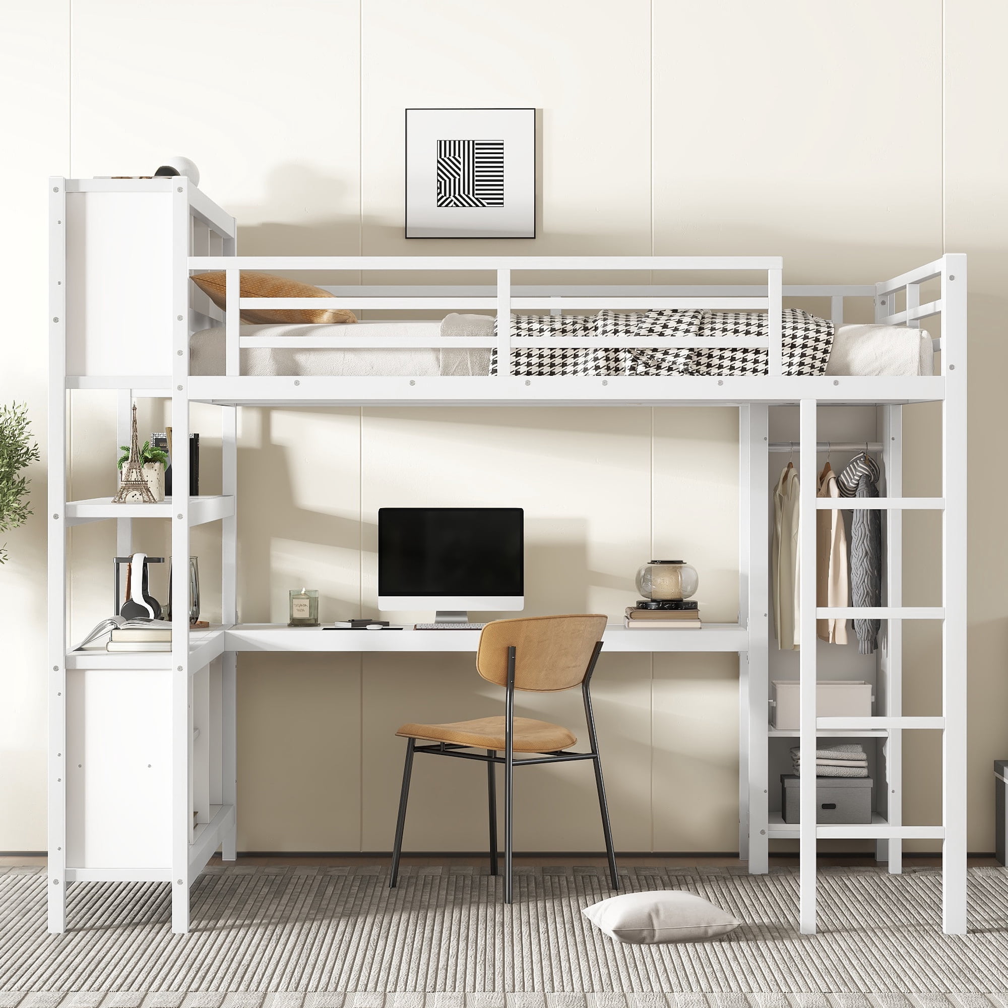 Jopath Queen Size Loft Bed with Wardrobe and L-shaped Desk, Metal Loft ...