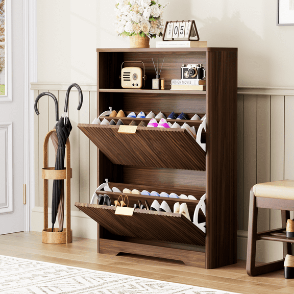 Ataujin Shoe Storage Cabinet with 2 Flip Drawers, Narrow Shoe Rack ...