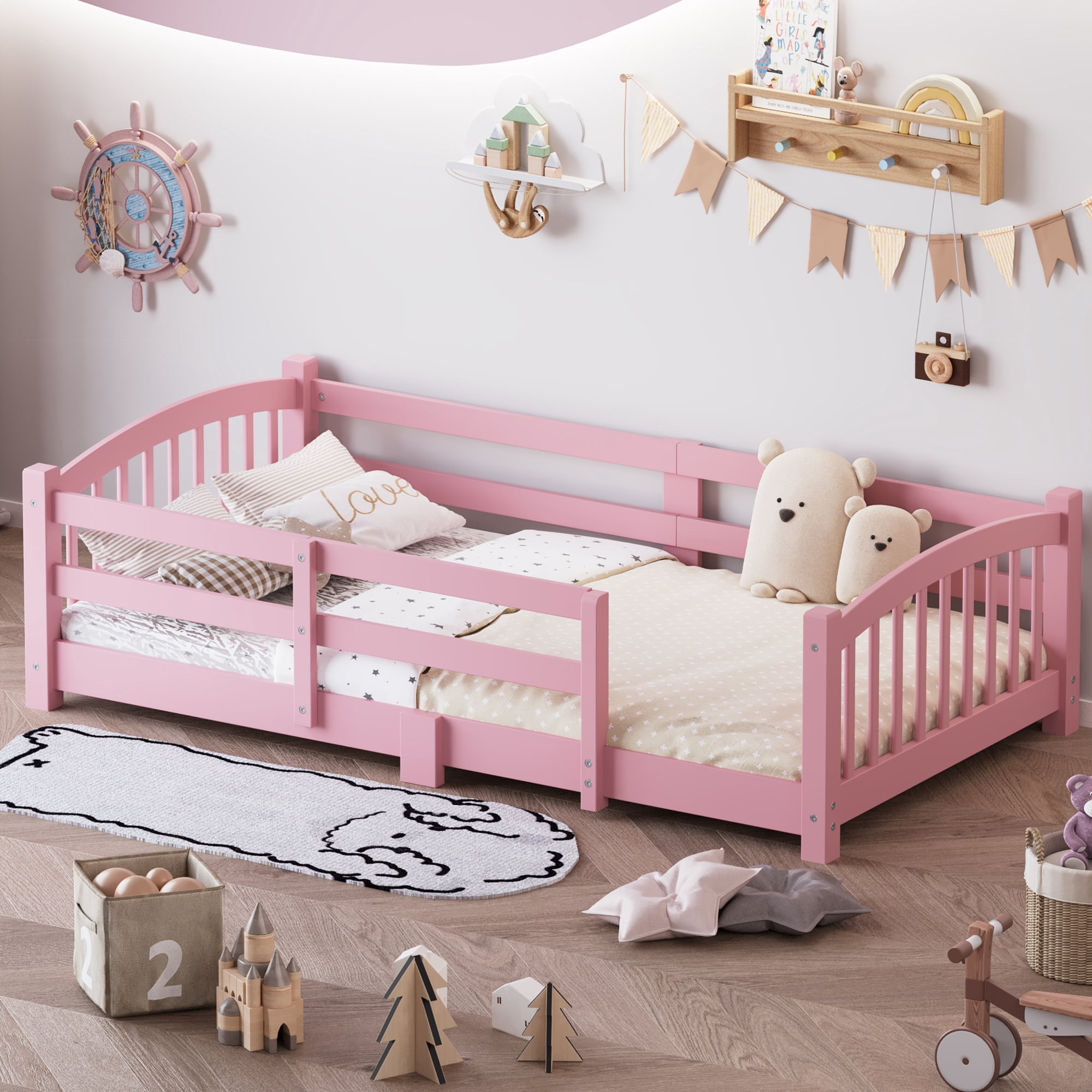 Jopath Twin Montessori Floor Bed with Slats and Safety Guardrails ...