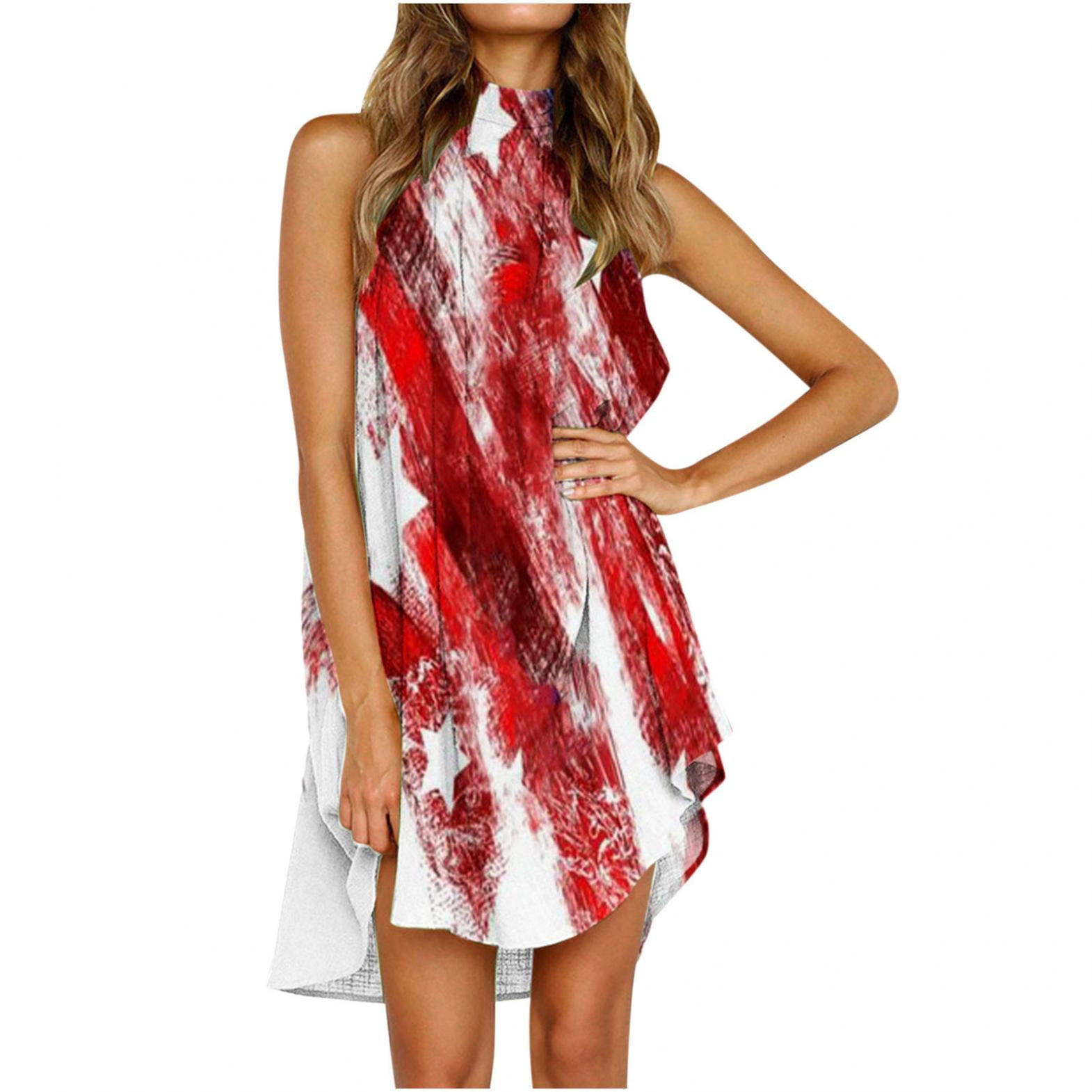 Jophufed Independence Day Women's Summer Halter Neck Sleeveless Mini ...