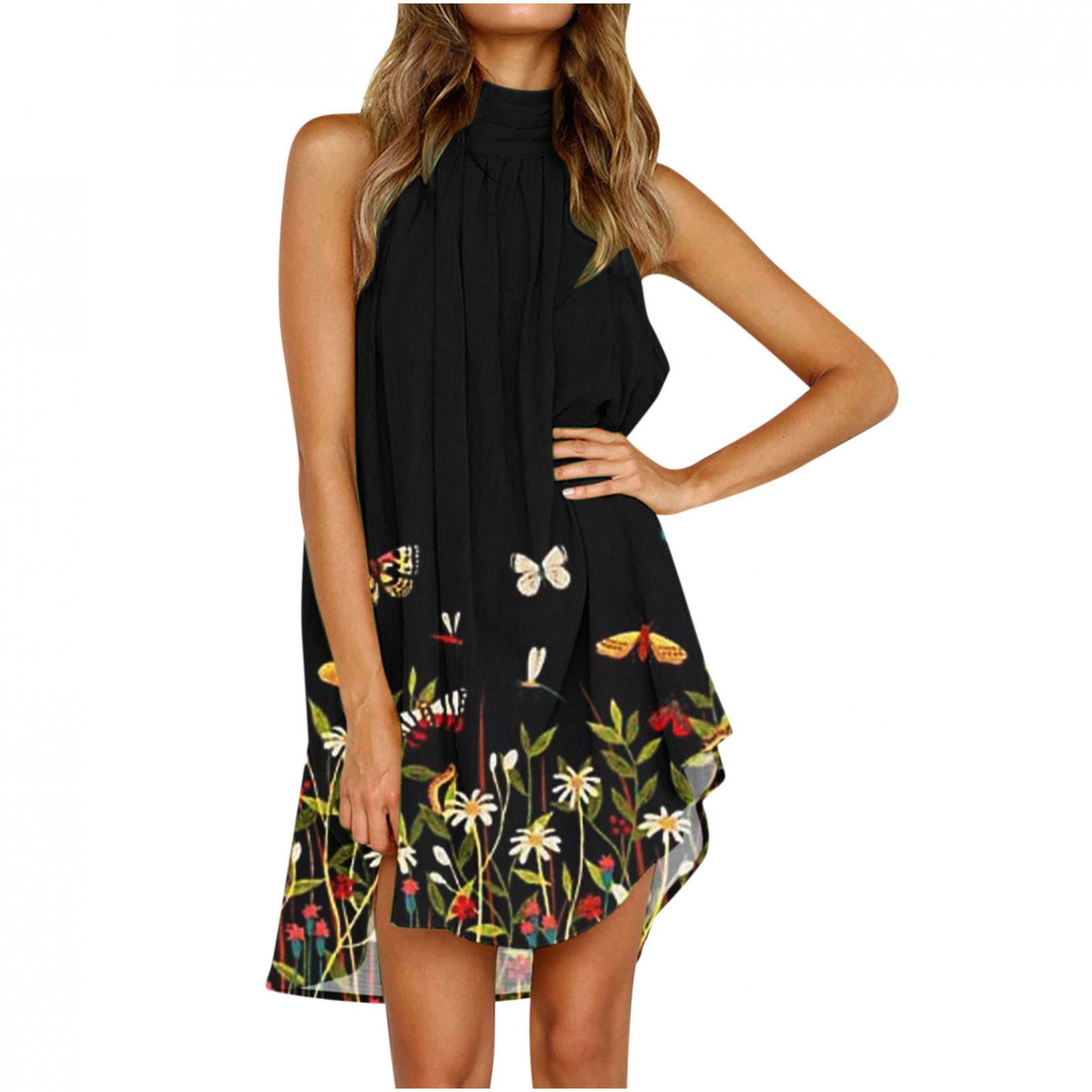 Jophufed Women's Summer Halter Neck Sleeveless Mini Dress Loose ...