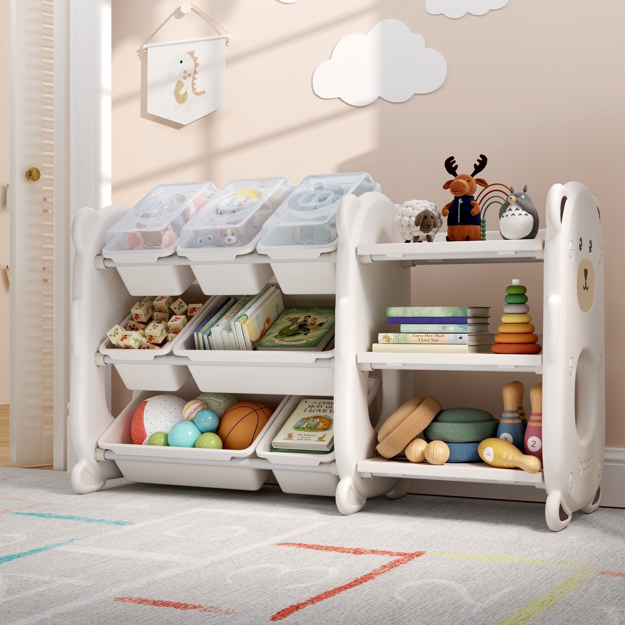 Joqixon Kids Toy Storage Organizer, 3-Tier Bookshelf with 7 Removable ...