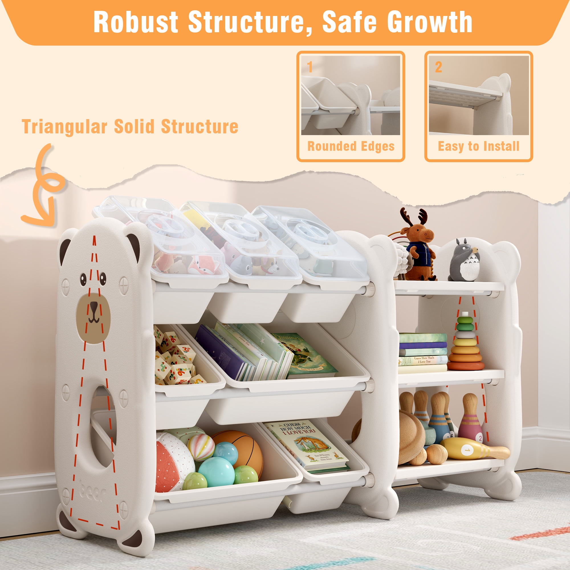 Joqixon Kids Toy Storage Organizer, 3-Tier Bookshelf with 7 Removable ...