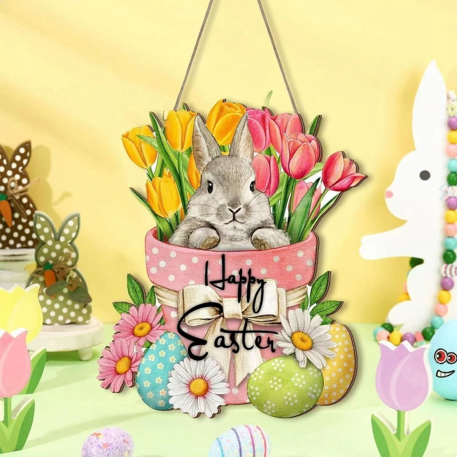 Joqmia Easter Wreaths for Front Door Bunny Welcome Wood Sign Door ...