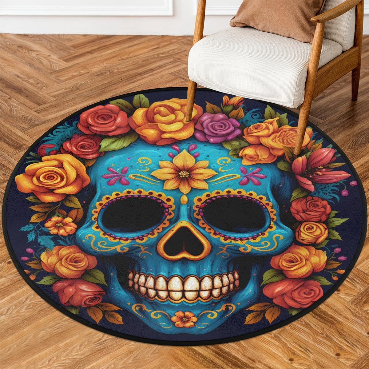 Joqmia Round Rug Flower Skull Gothic Circle Area Rugs Mexican Skull ...