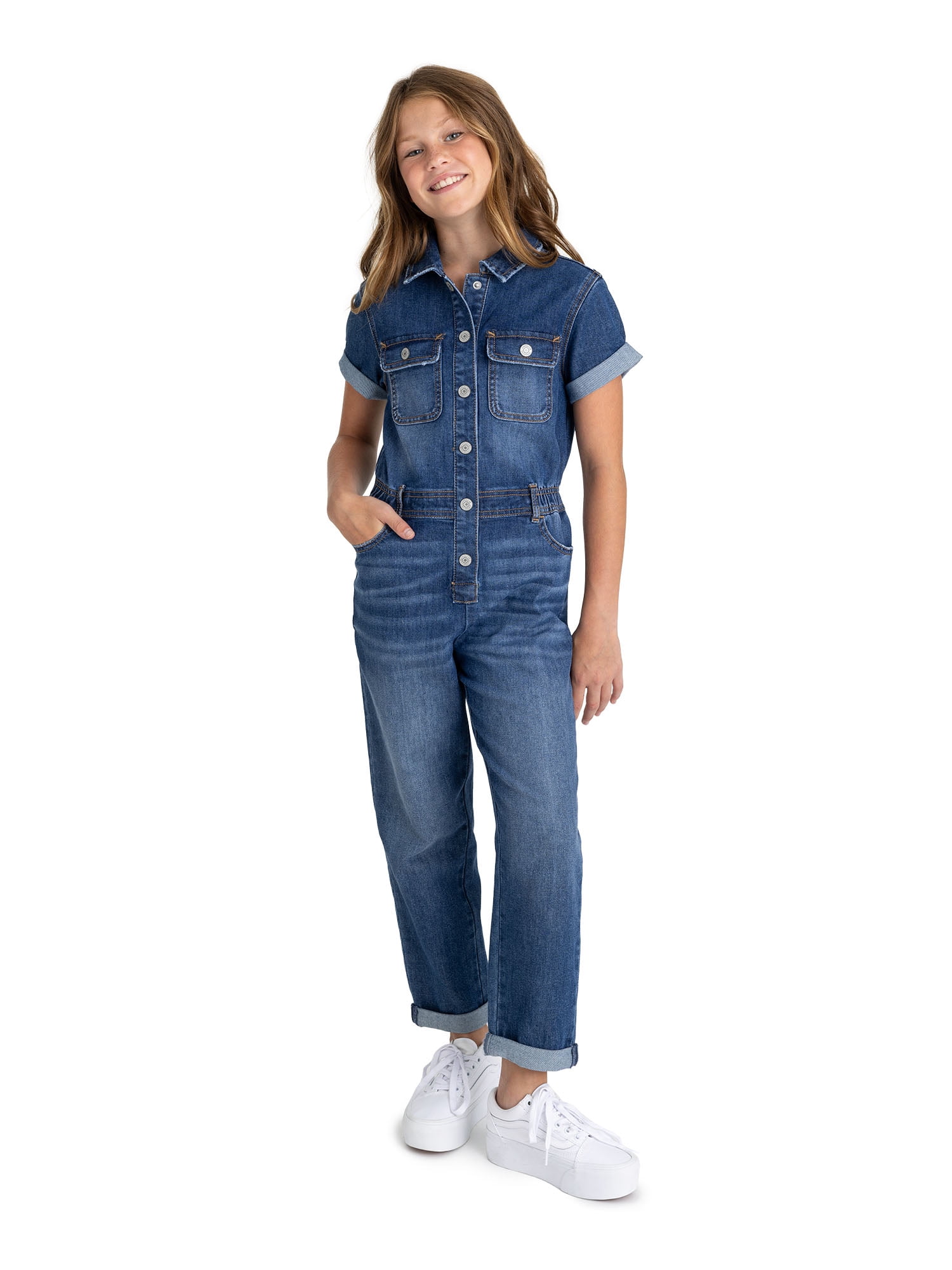 Jordache Girls Short-Sleeve Denim Coveralls - Sizes 4-18 - Walmart.com