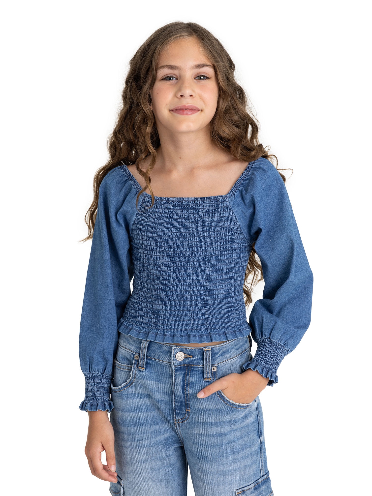 Jordache Girls Smocked Denim Top, Sizes 4-18 - Walmart.com