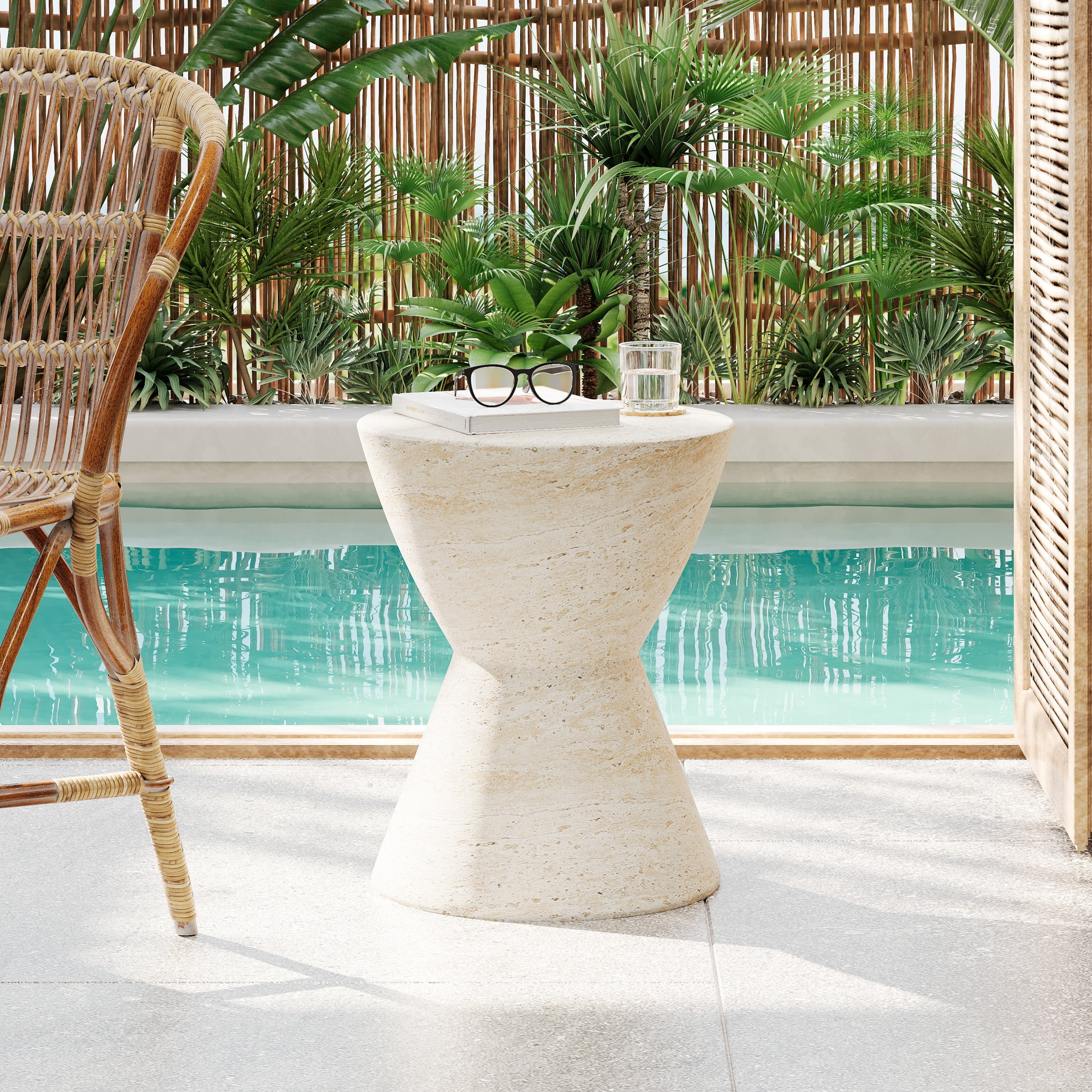 Jorrel Outdoor Patio Round Hourglass Accent Table, Concrete, Beige ...