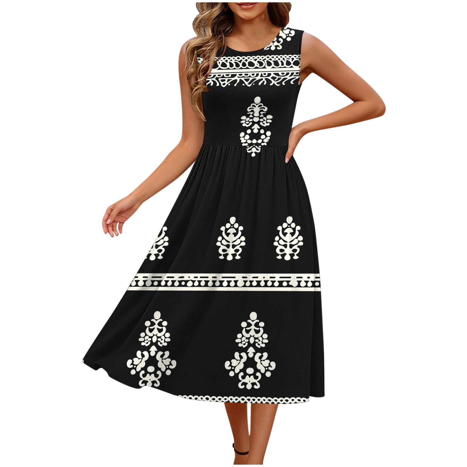 Josdec Women's Sleeveless Round Neck Print Dress Loose Fit A-Line ...