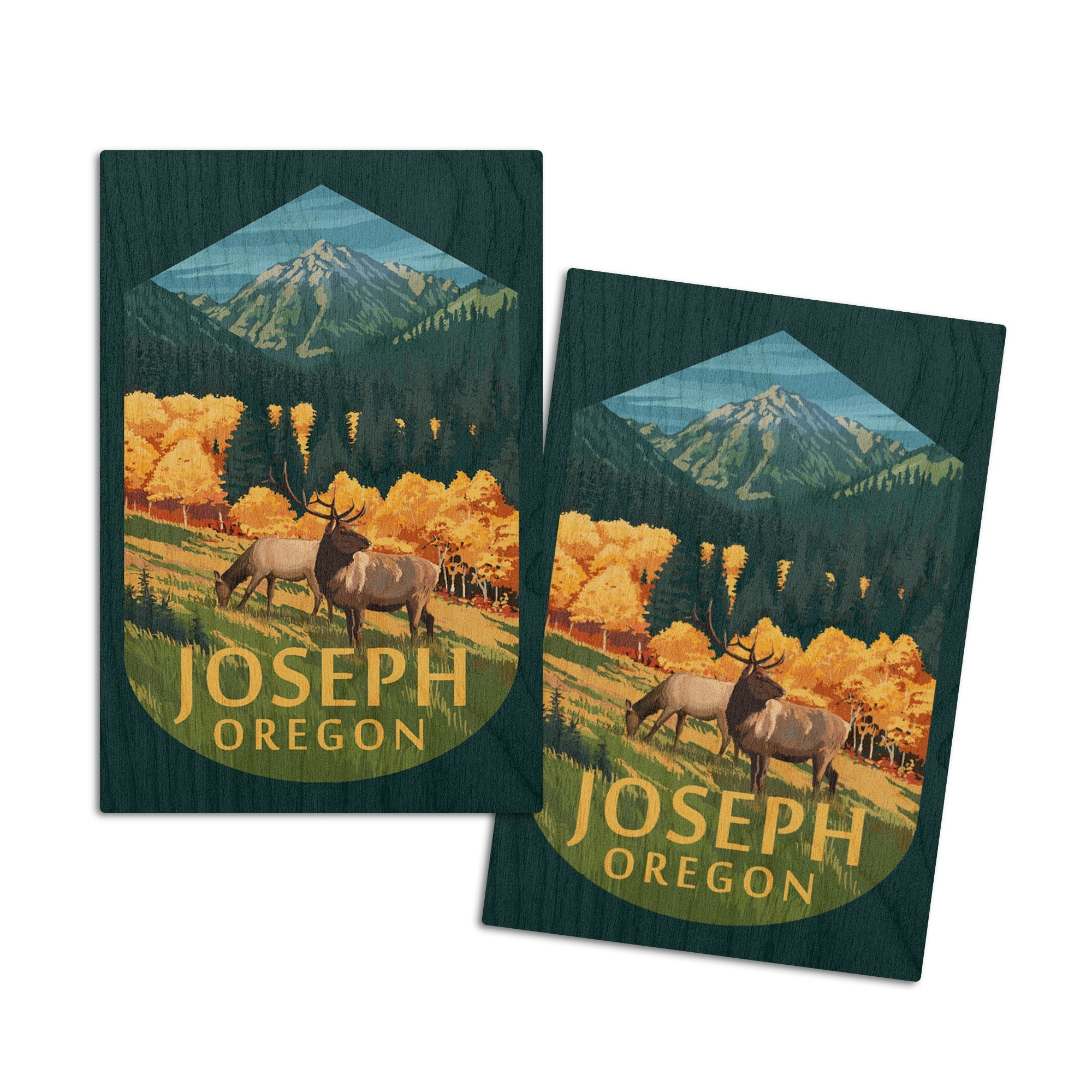 Joseph, Oregon, Elk and Mountains, Contour (4x6 Birch Wood Postcards, 2-Pack Stationary, Rustic ...