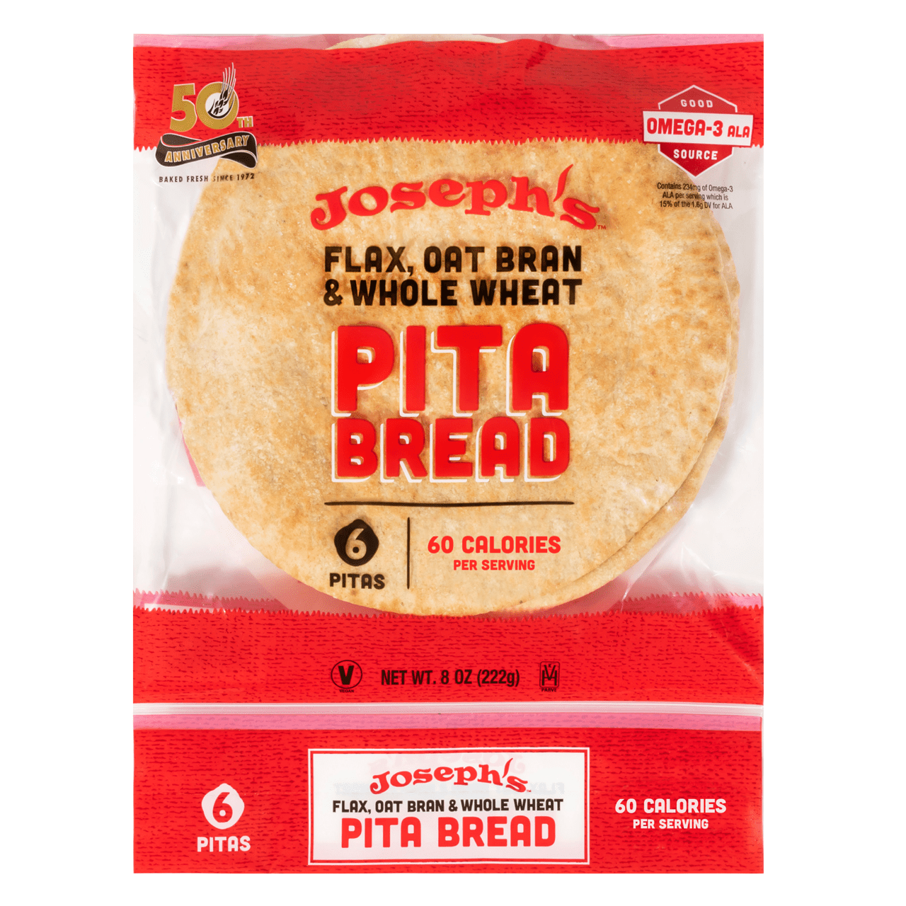 Joseph's Low Carb Flax, Oat Bran & Whole Wheat Pita Bread, Vegan, 6 Ct ...