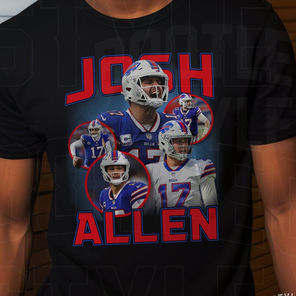 Josh Allen Football Shirt for Men Women Vintage 90s Bootleg Style Classic Graphic Tee Gift for ...