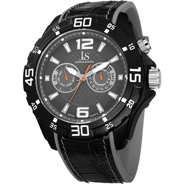 Joshua & Sons JS79GY Swiss Quartz Day Date Leather Rubber Strap Mens ...