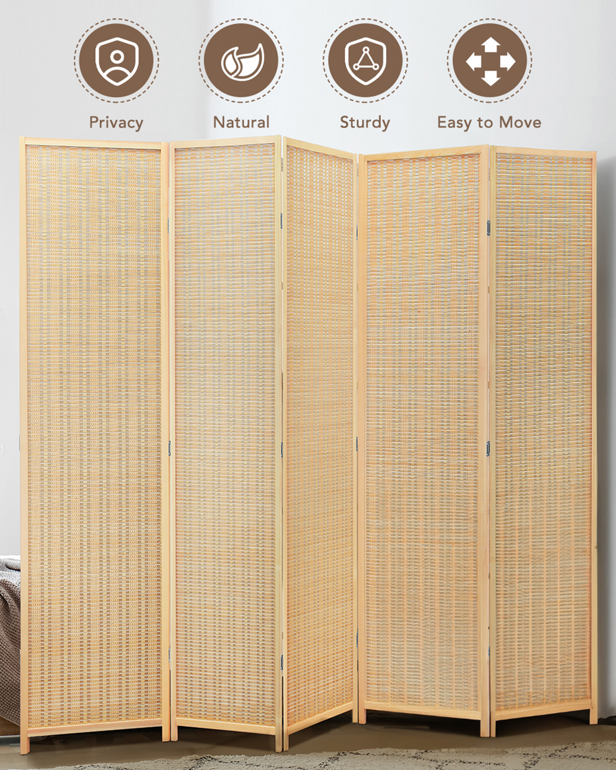 Jostyle Room Divider Privacy Screen with Natural Bamboo, 6 Panel ...