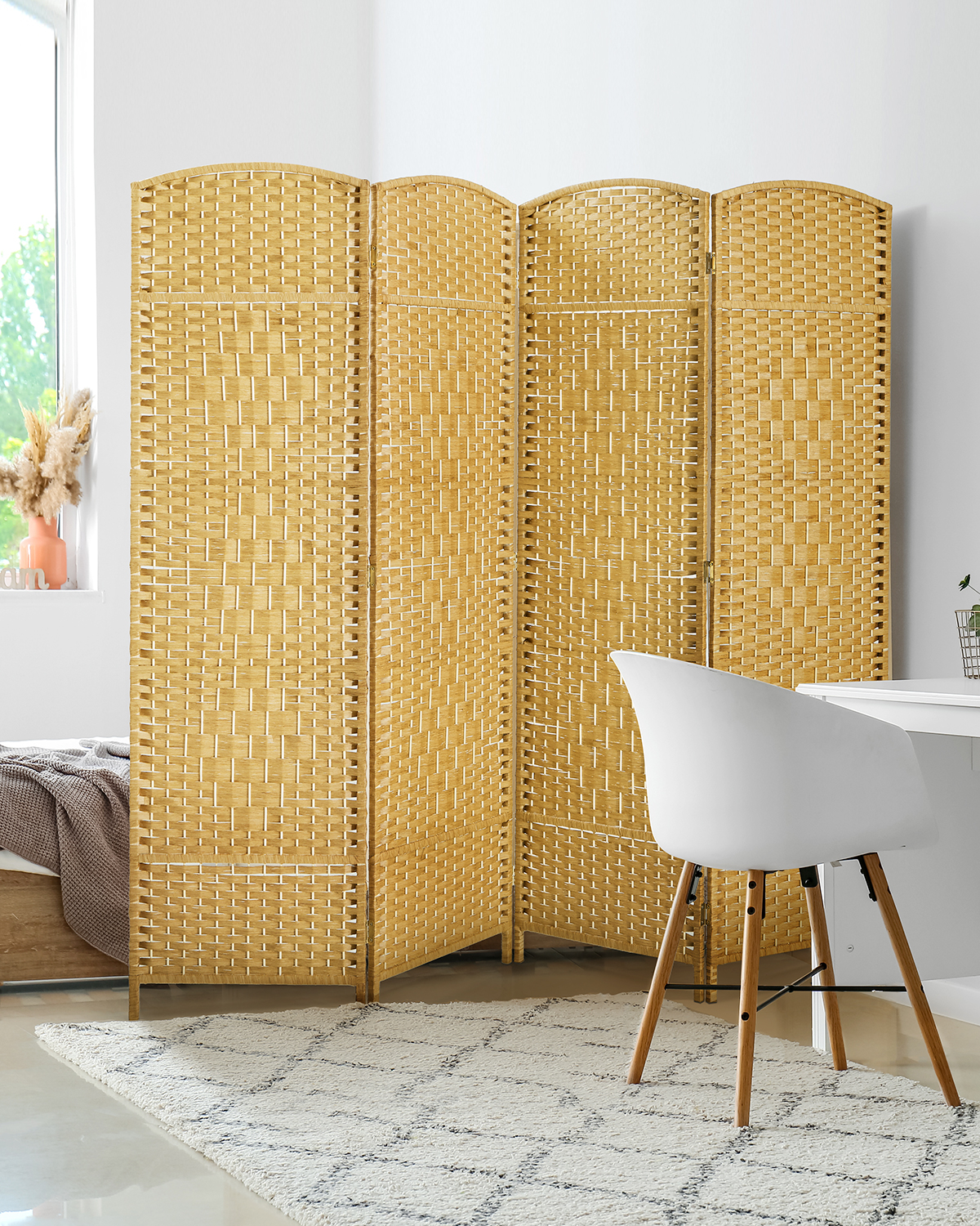 FDW Wood Mesh Woven Design 4 Panel Folding Screen Room Divider, Black ...