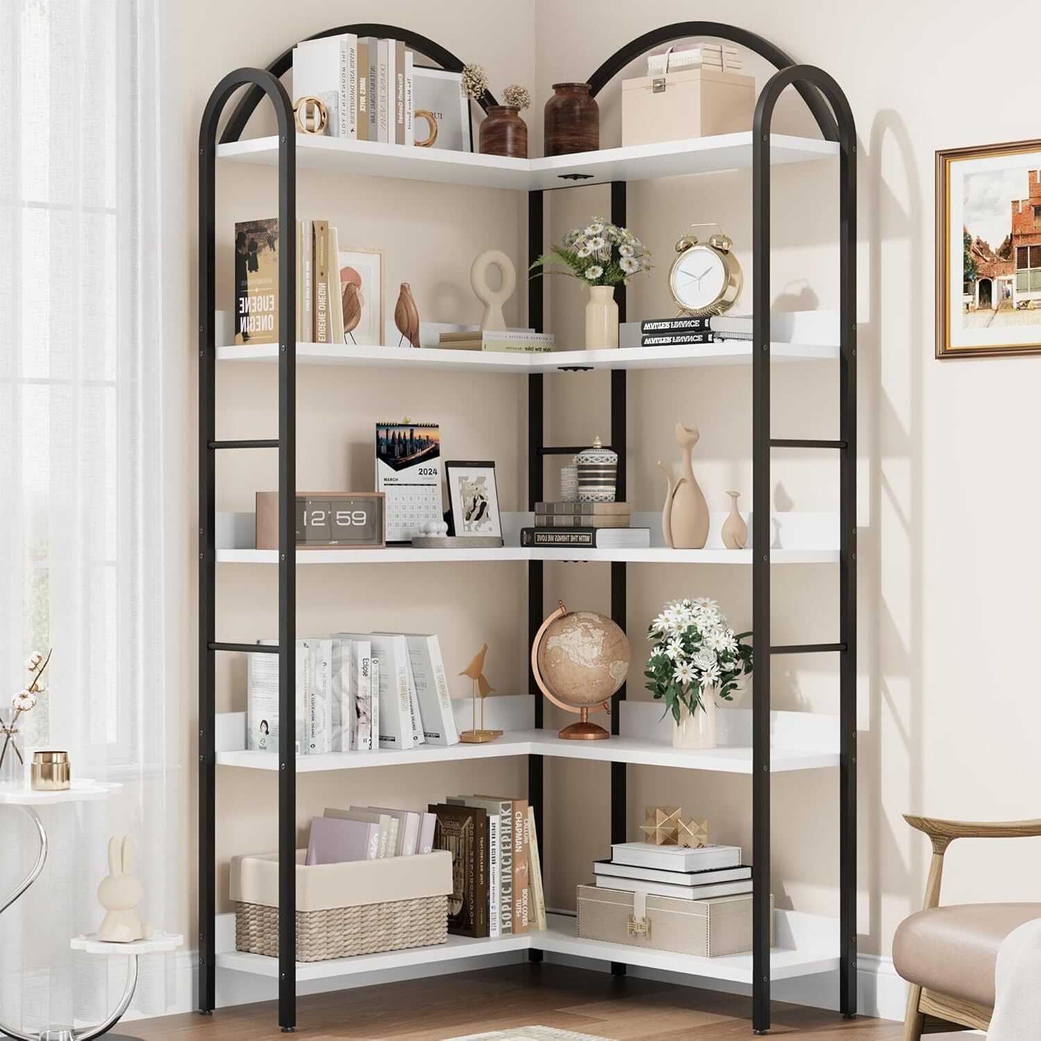 Jotoa Arched Corner Bookshelf, Industrial L Shaped Bookshelf 5 Tier ...