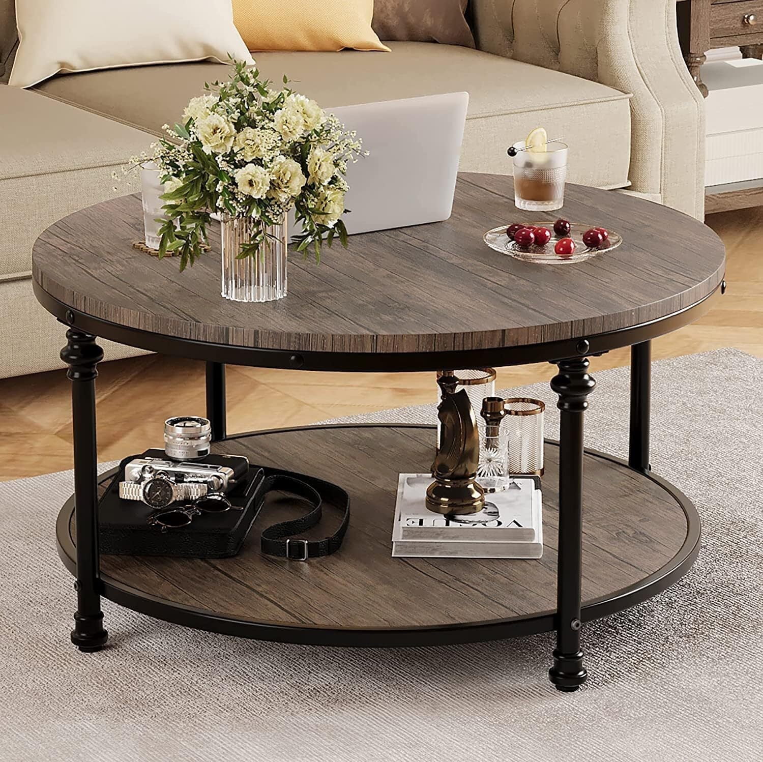 Jotoa Round Coffee Table, Wood Circle Coffee Table with Sturdy Metal ...