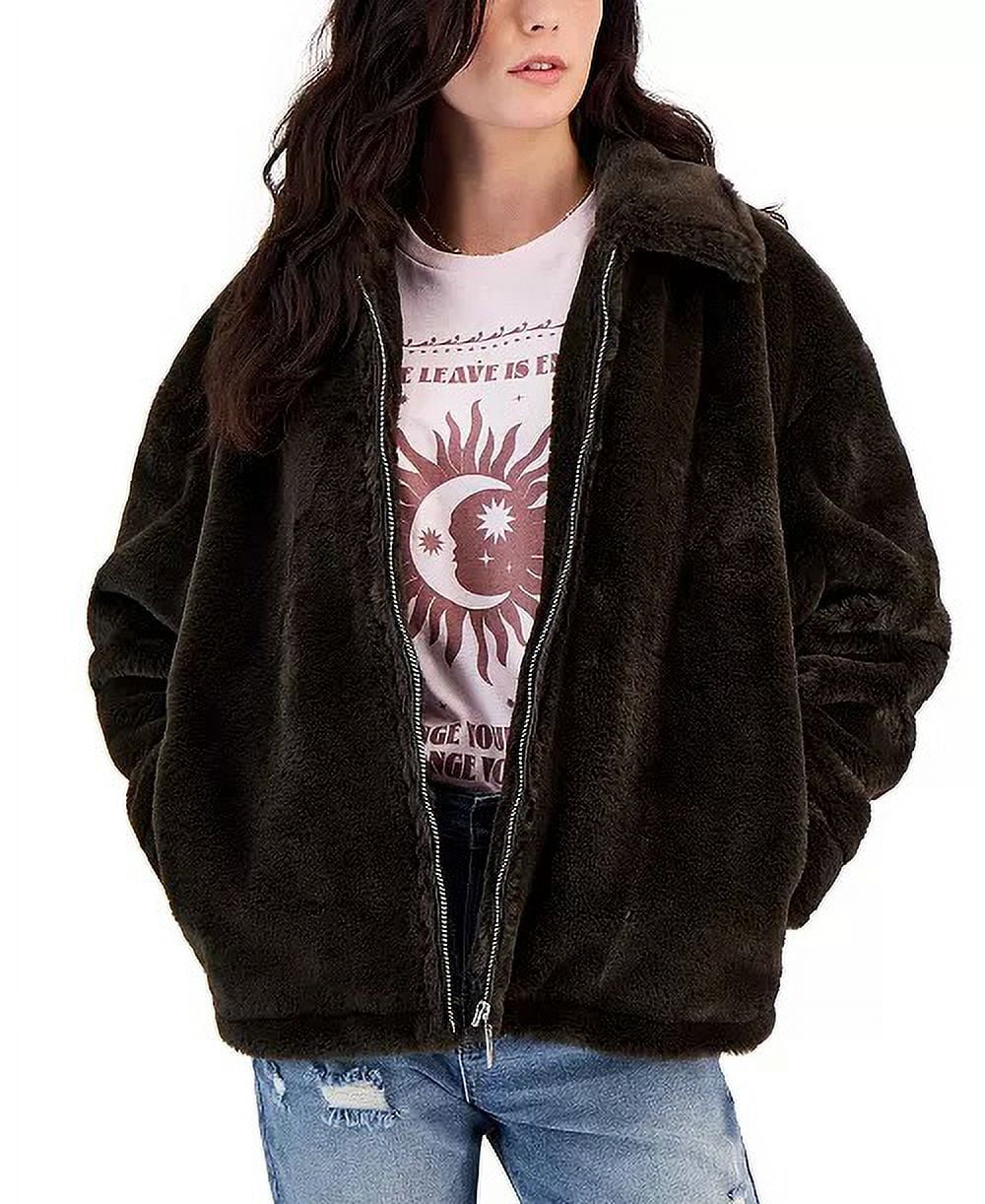 Jou Jou CHOCOLATE Juniors' Zip-Front Long-Sleeve Faux-Fur Coat, Medium ...