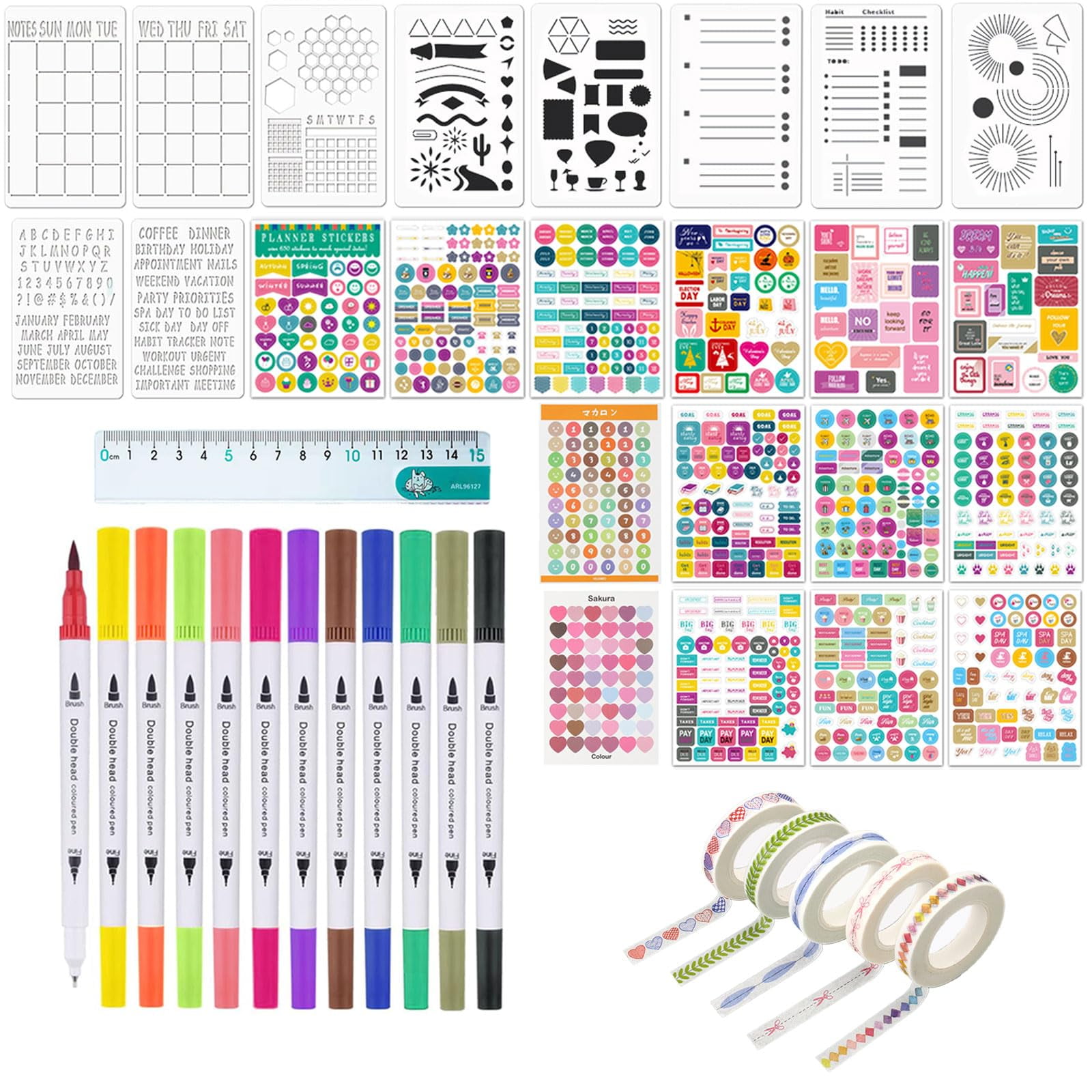Journal Supplies Compatible with MMF7 Bullet Dotted Journal, 10 Stencils 14 Planner Stickers ...