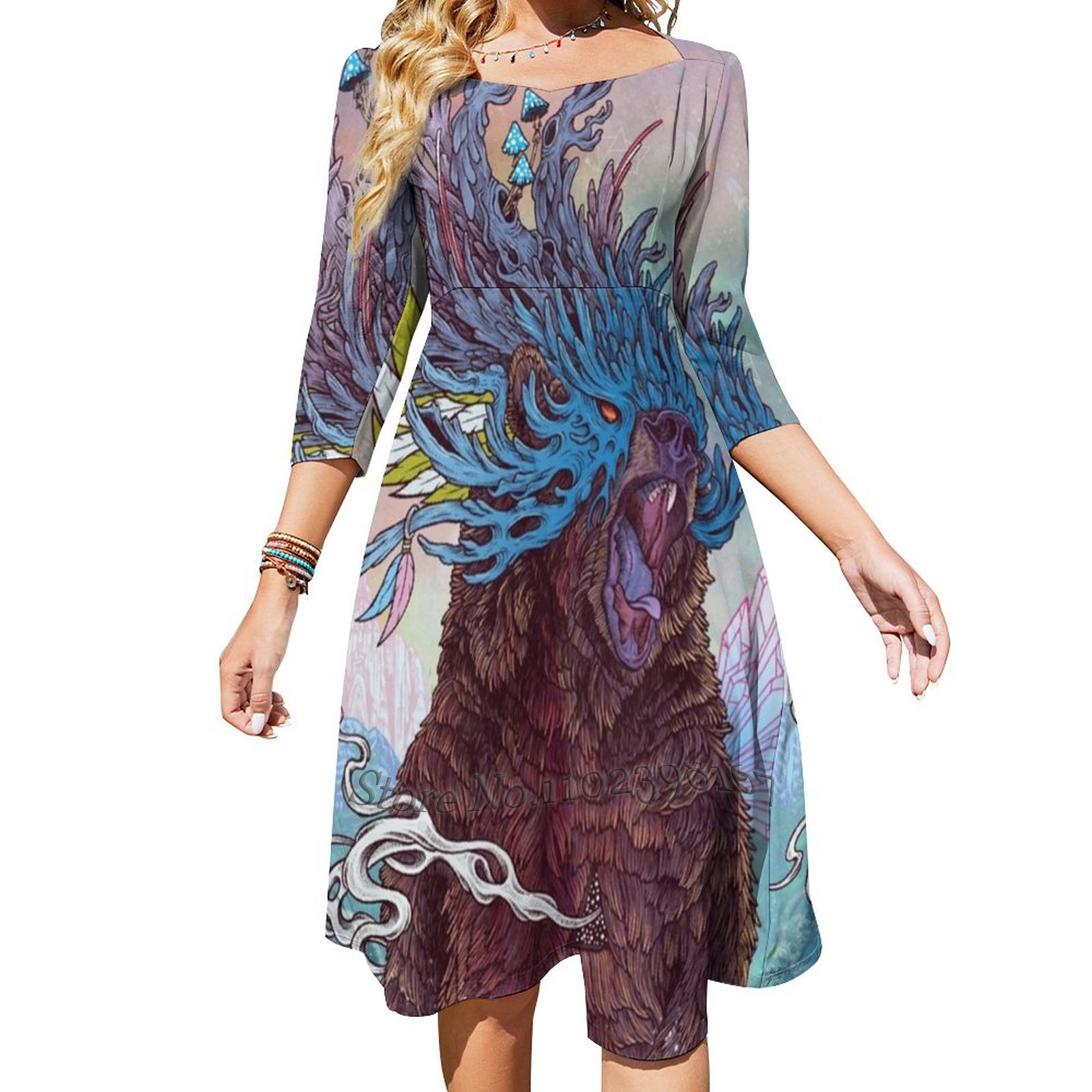 Journeying Spirit ( Bear ) Flare Dress Square Neck Dress Elegant Female ...